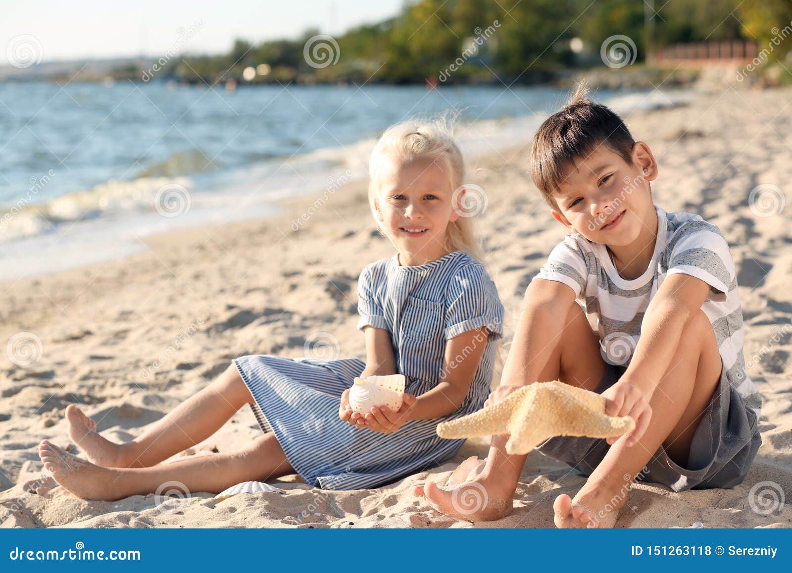 Little Children Playing with Sea Shells on Beach Stock Photo - Image of ...