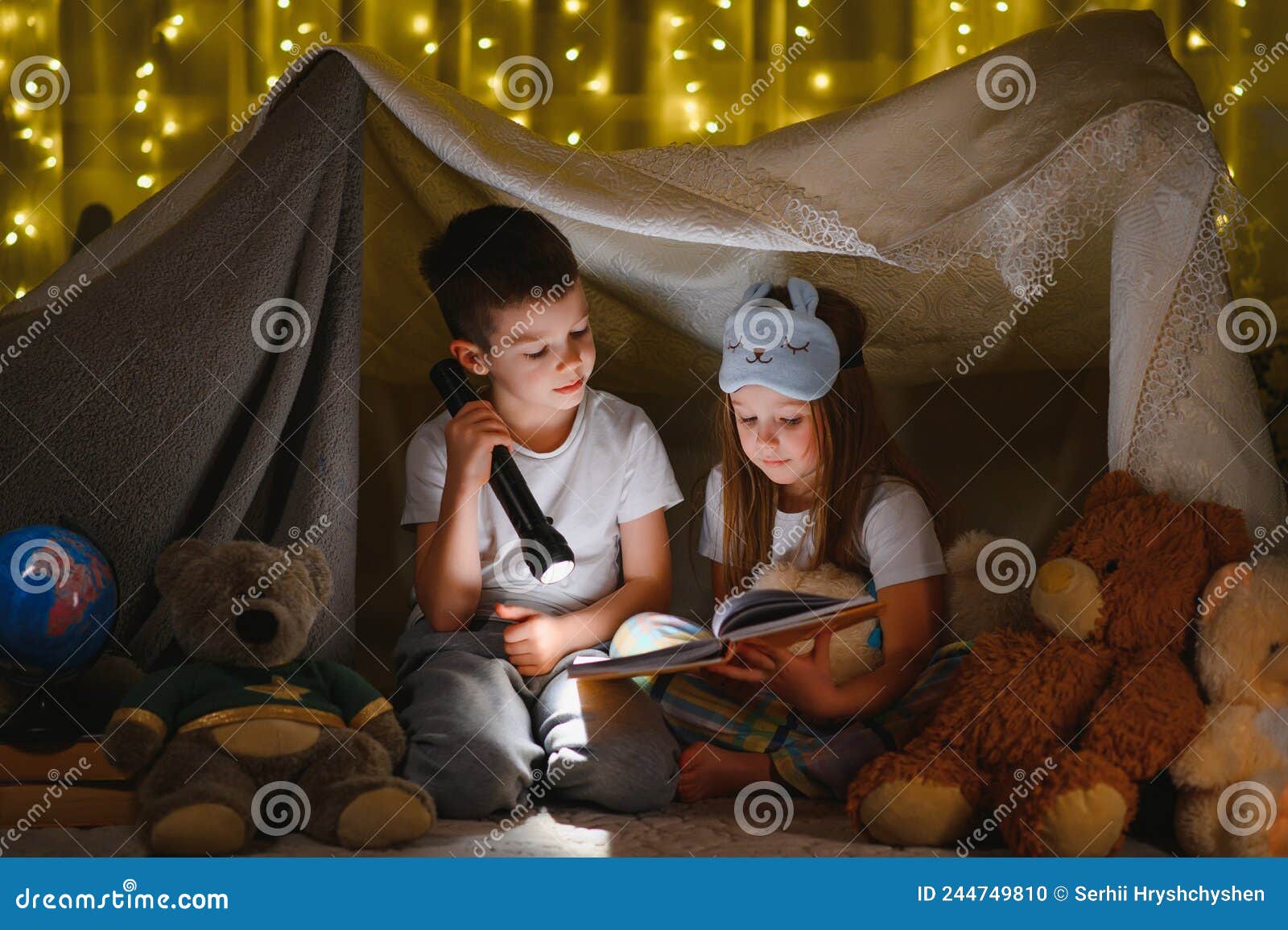 Little Children Reading Bedtime Story at Home Stock Photo - Image of ...