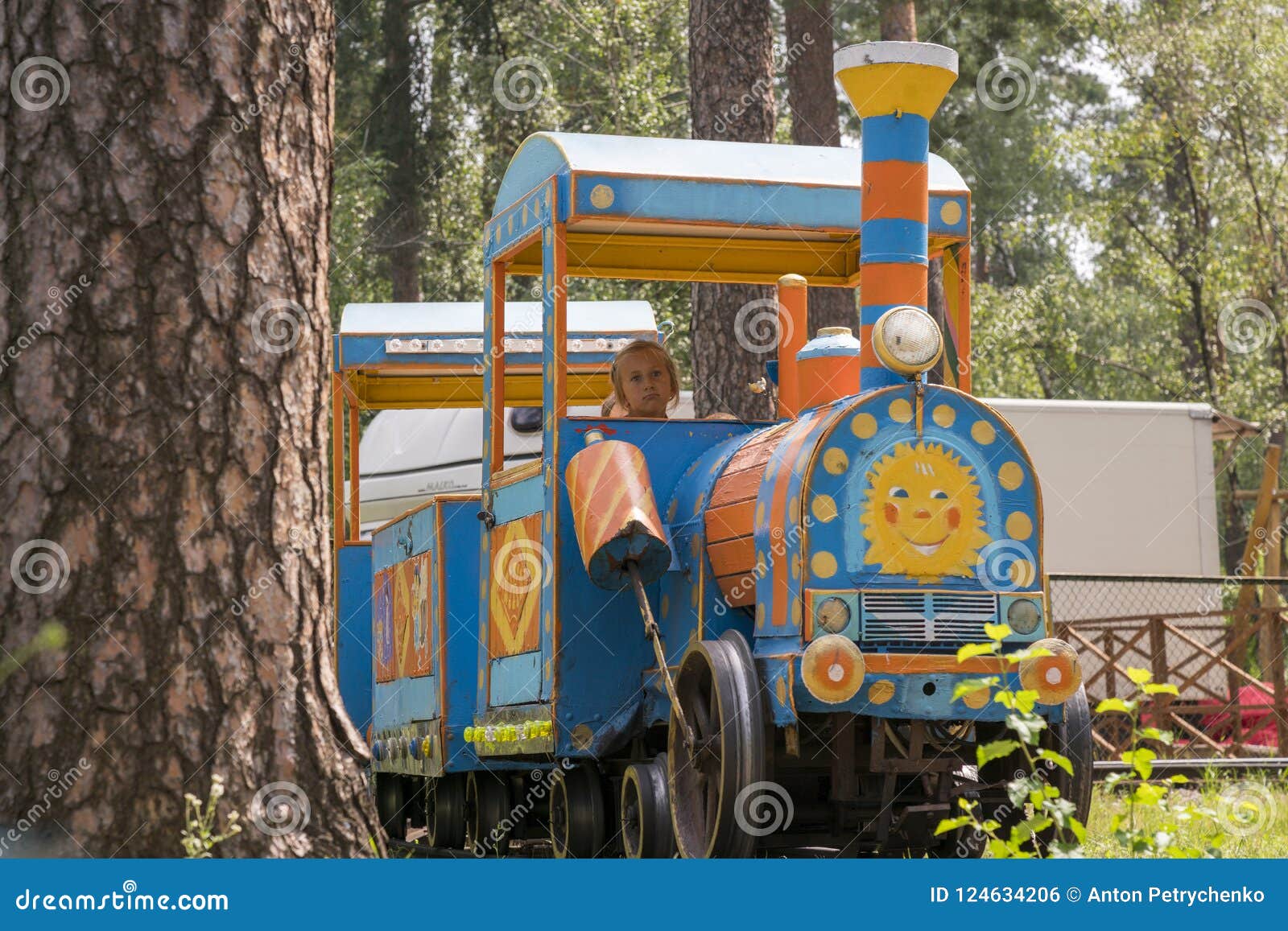 Little Children are Riding on a Children& X27;s Train in the Park Stock ...