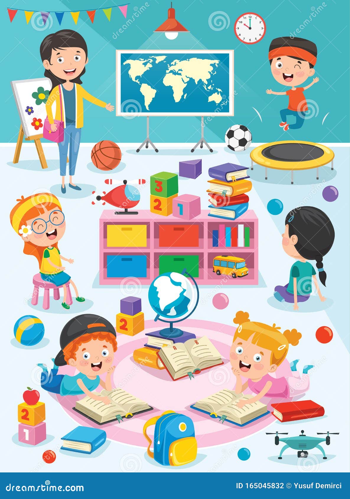 Little Children Studying and Playing at Preschool Classroom Stock ...