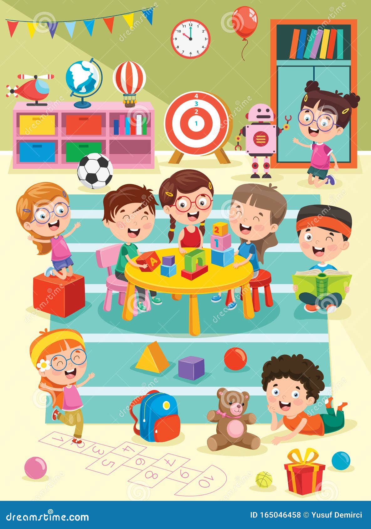 Little Children Studying and Playing at Preschool Classroom Stock ...
