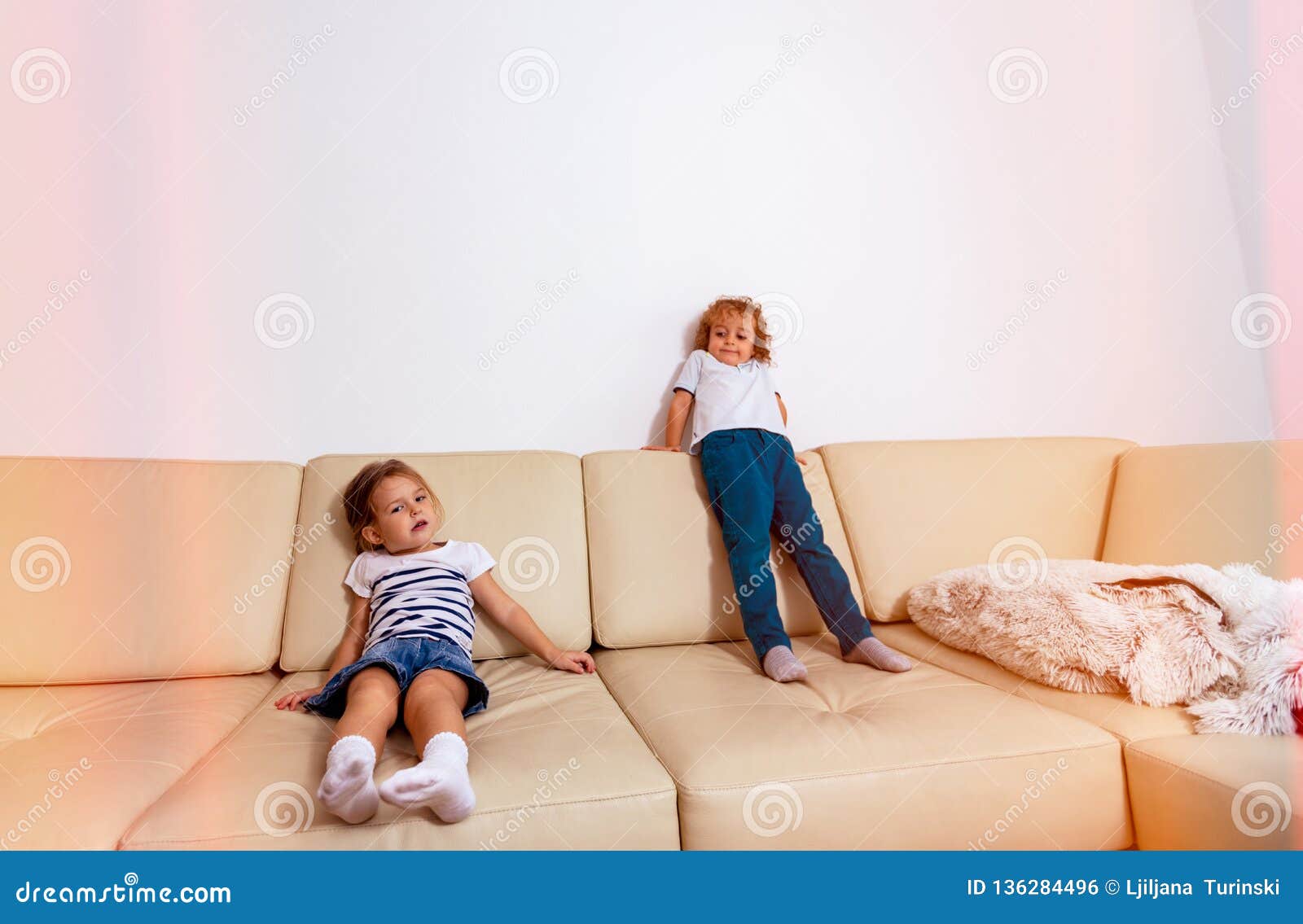 .children Tired after Fun Jumping on the Bed Stock Photo - Image of ...