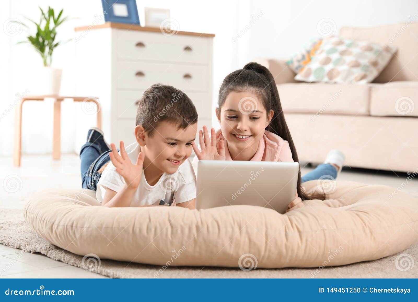 Little Children Using Video Chat on Tablet Stock Photo - Image of home ...