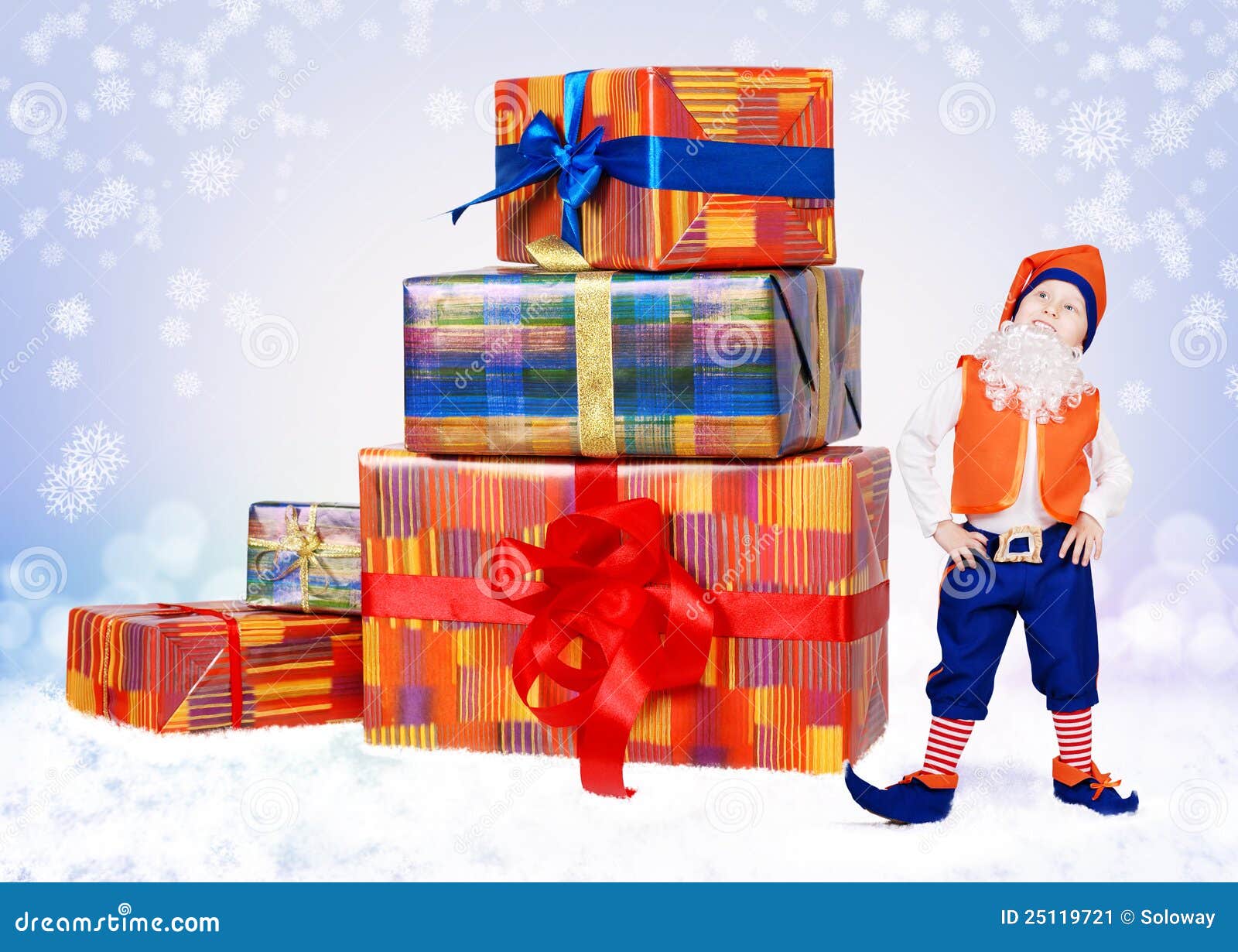 Little Christmas Elf with Big Gift Boxes Stock Image - Image of blue ...