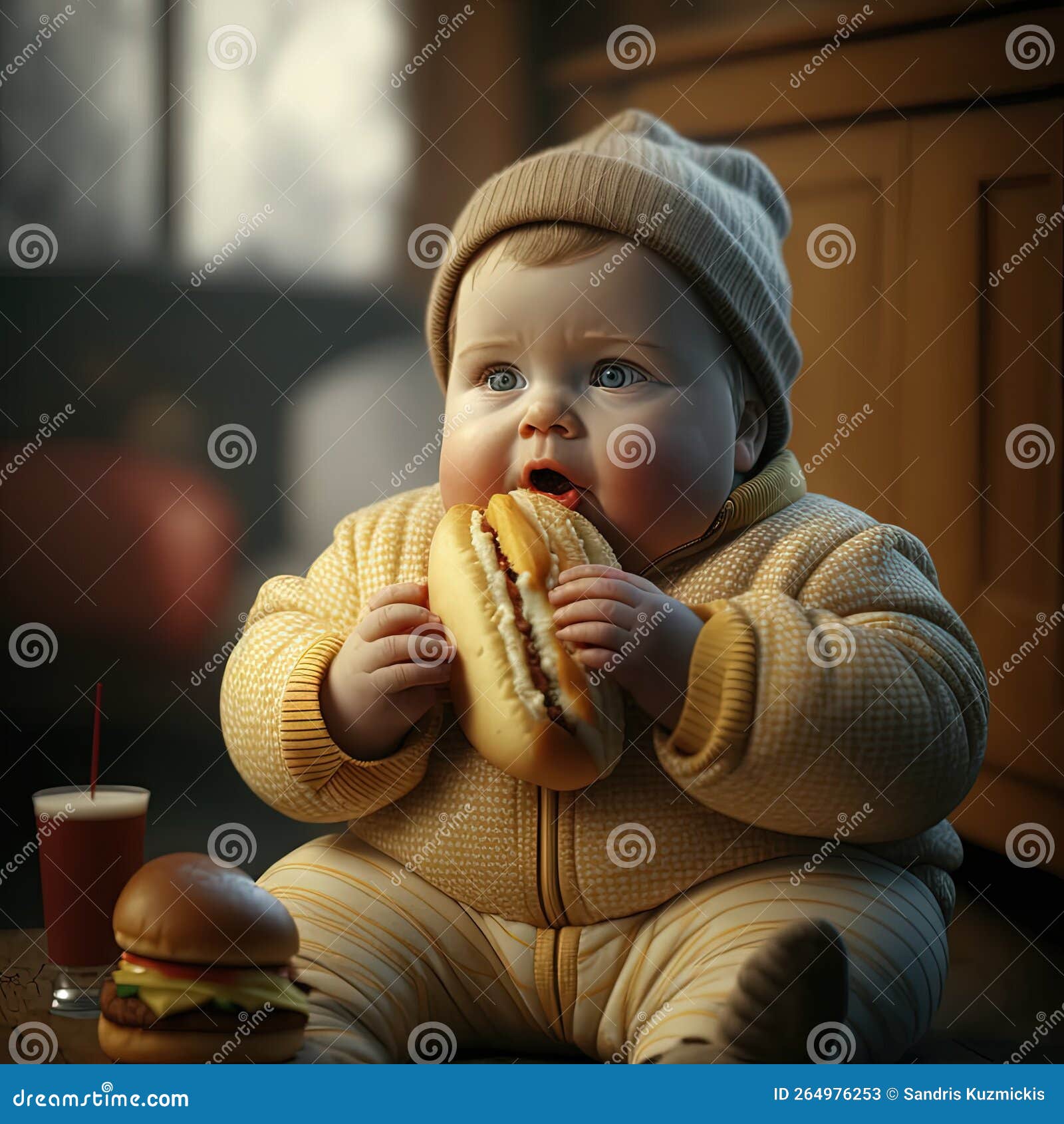 Little Chubby Baby Boy is Eating a Hamburger, 3D. Generative AI Stock ...