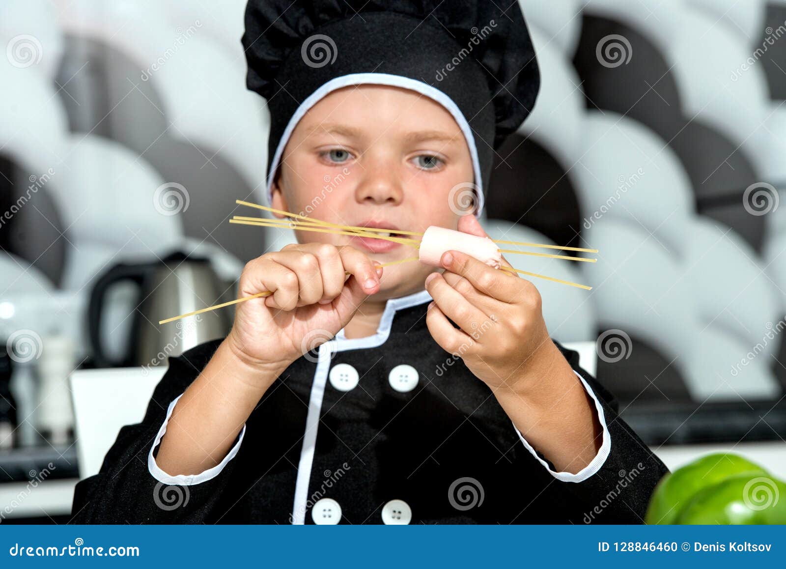 Little Cook.Boy Prepare Spaghetti in Kitchen. Stock Photo - Image of ...