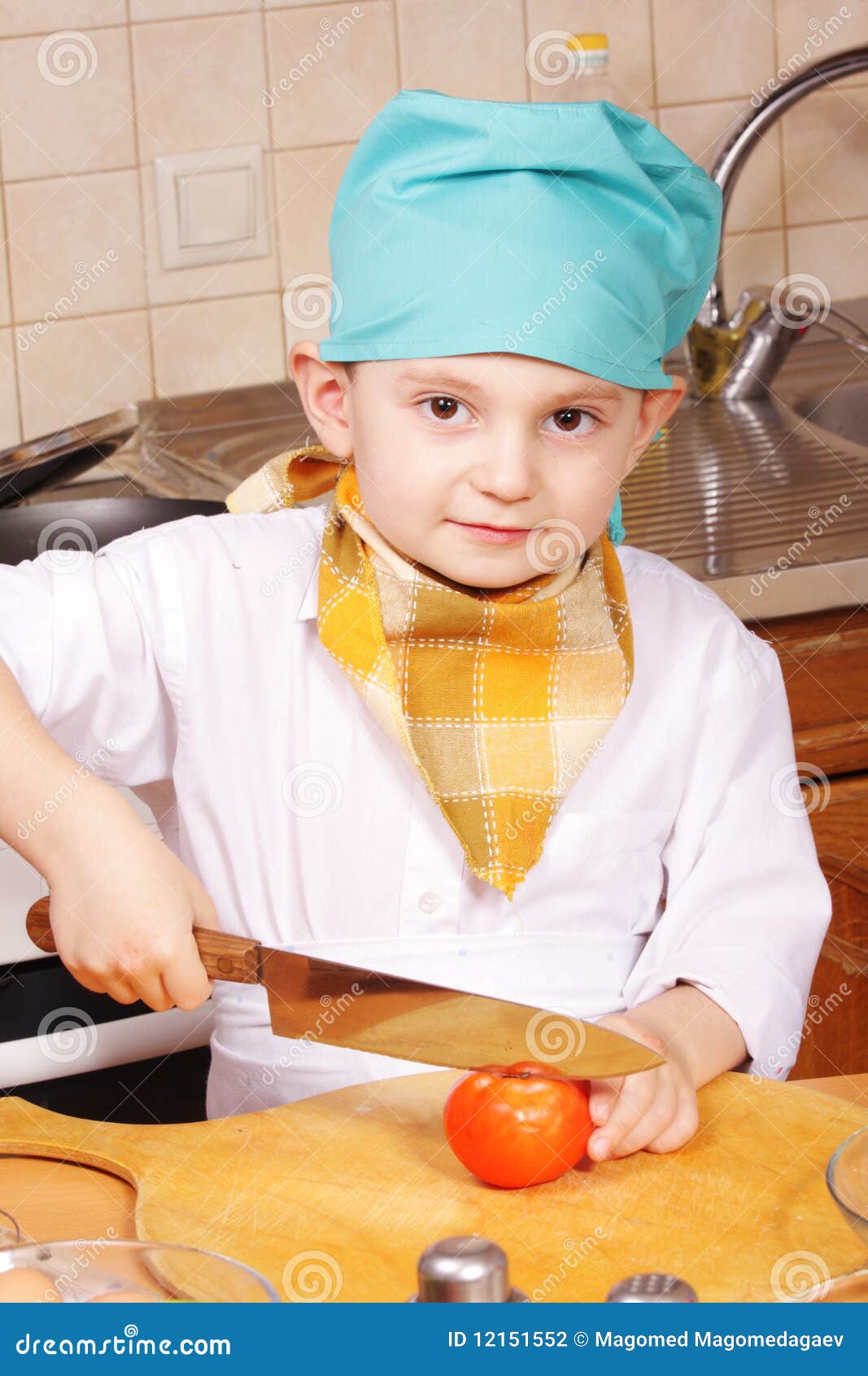 Little Cook with Knife and Tomato Stock Photo - Image of cute, little ...