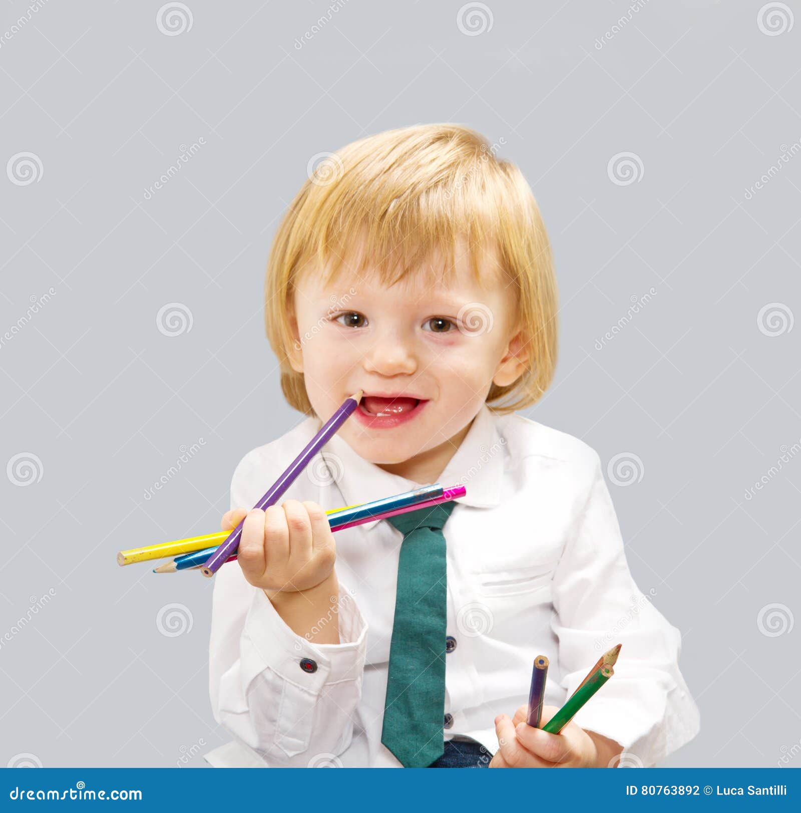 Little Cute Boy with Color Pencils Stock Photo - Image of paintings ...