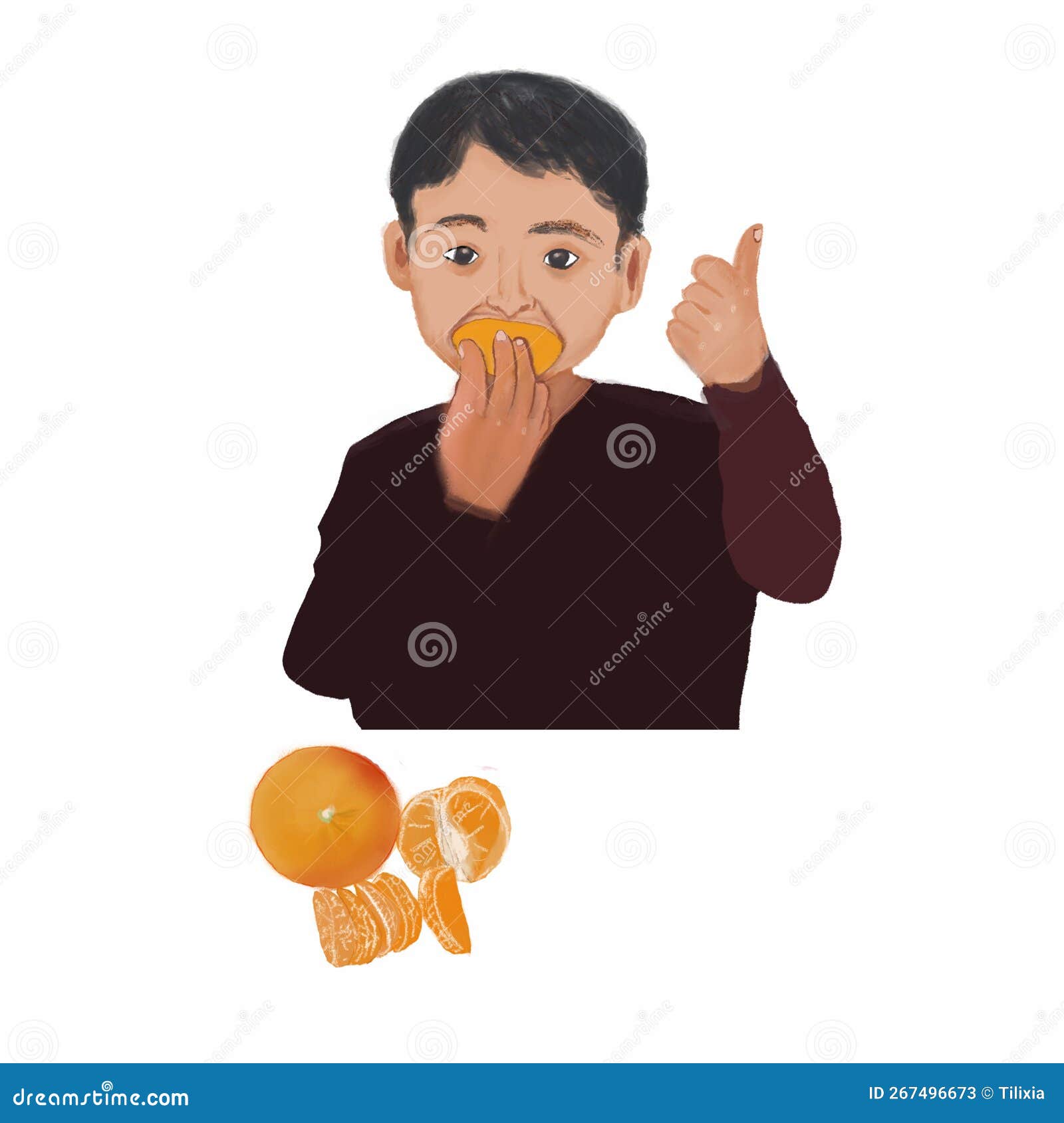 Little Cute Boy Eating Oranges with Funny Face. Stock Illustration ...
