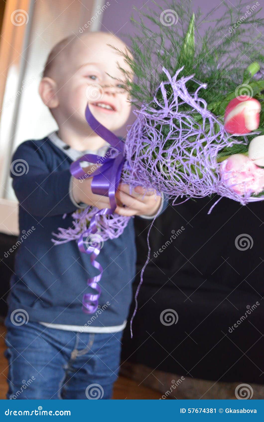 Little Cute Boy Giving Flowers Stock Image - Image of cheerful, child ...