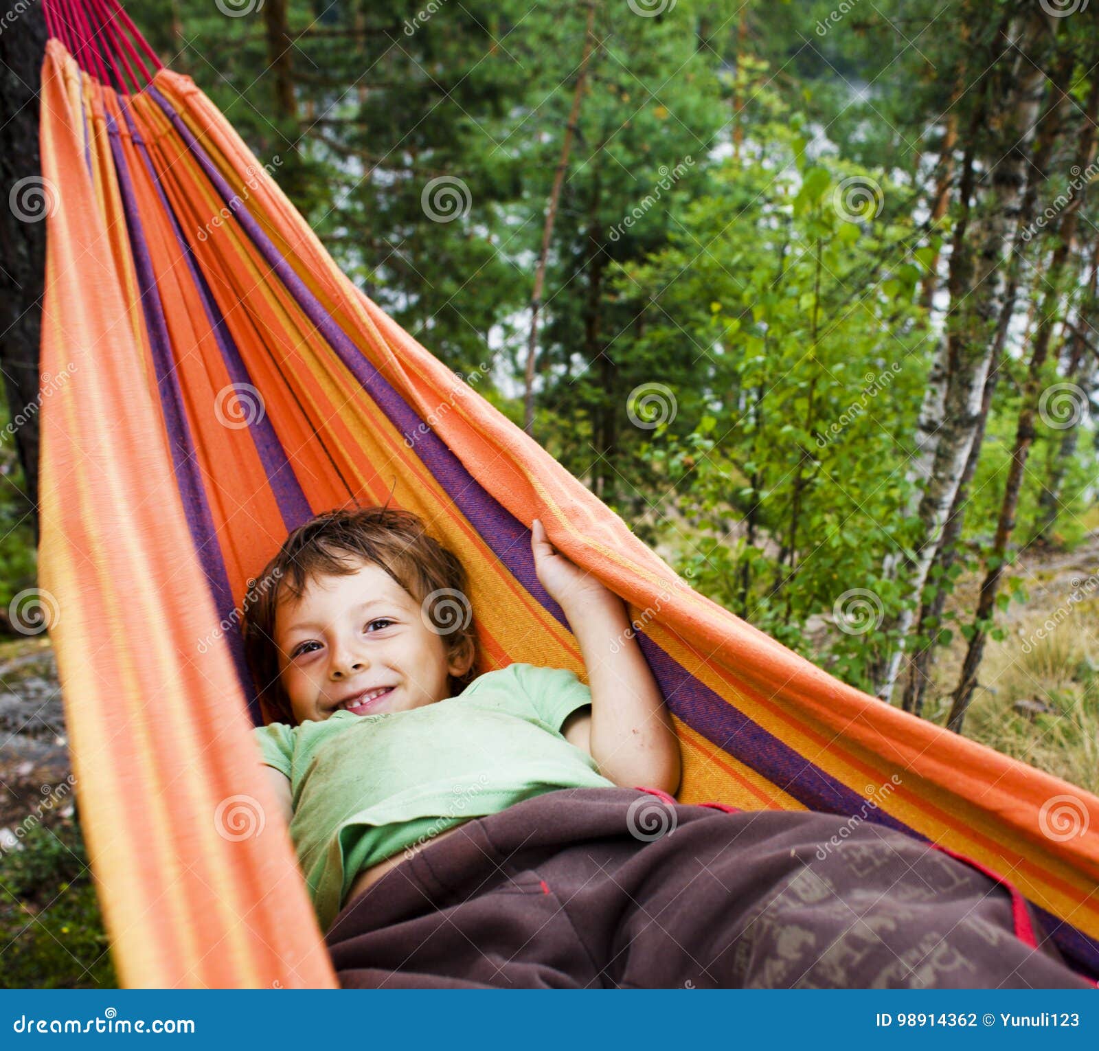 Little Cute Boy in Hammock Smiling Stock Photo - Image of leaf, child ...