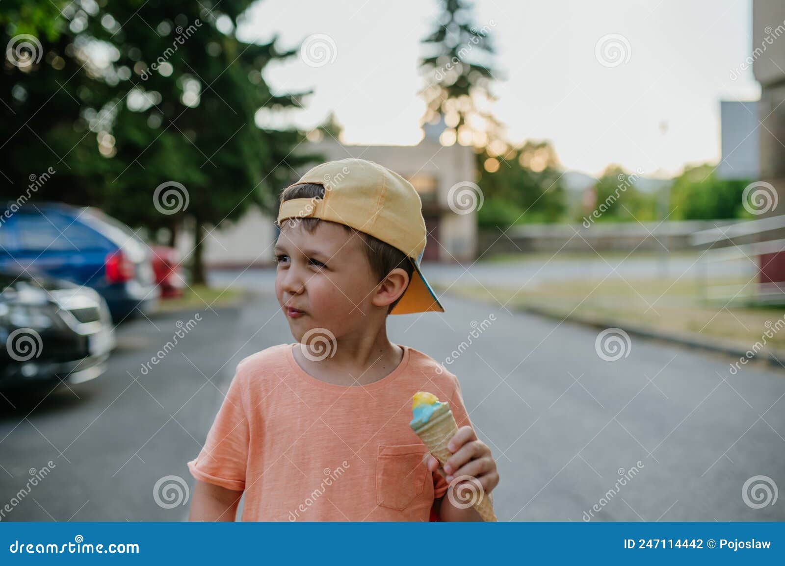 Little Cute Boy with Ice Cream Outdoors in Summer Stock Photo - Image ...