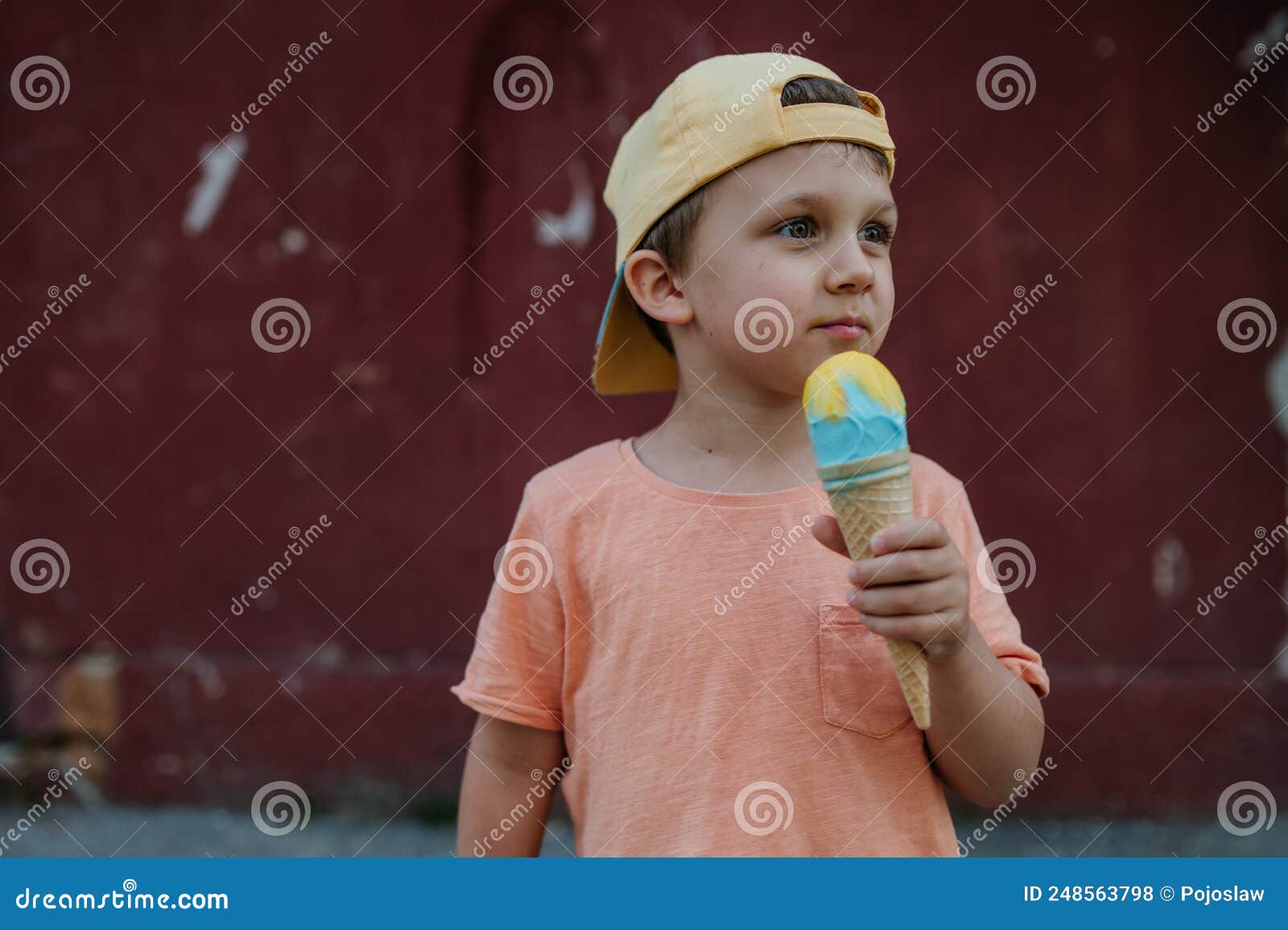Little Cute Boy with Ice Cream Outdoors in Summer Stock Photo - Image ...