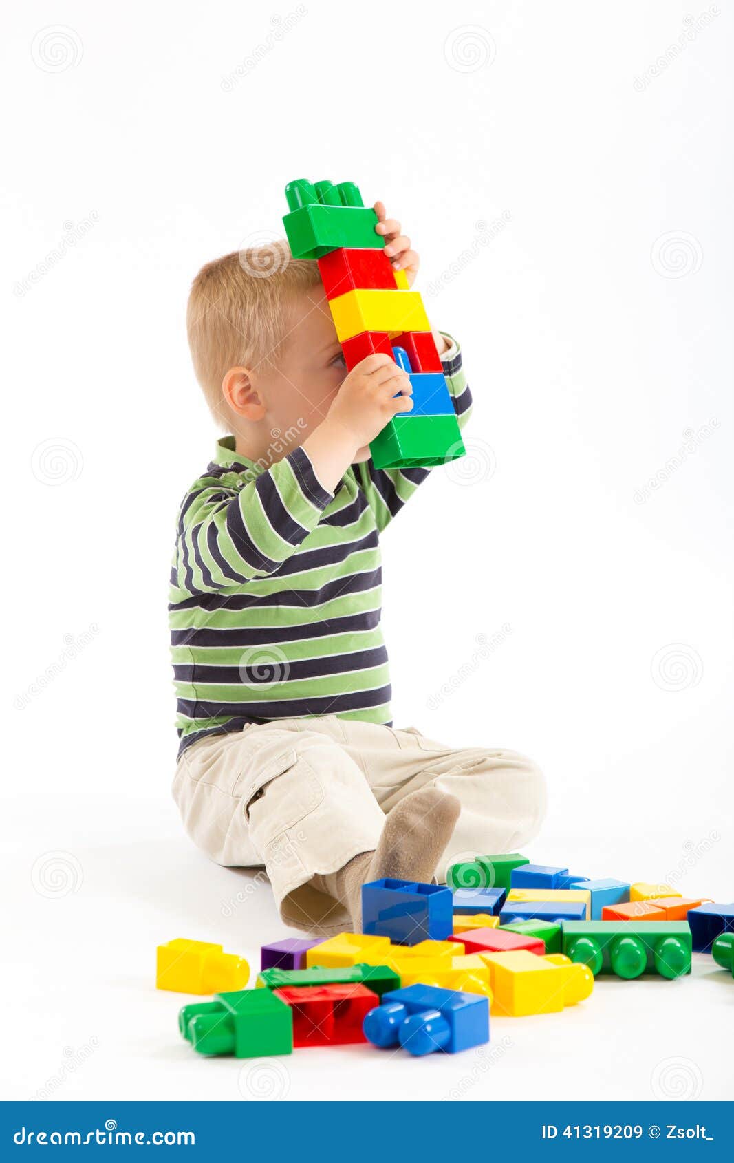 Little Cute Boy Playing with Building Blocks. Isolated on White. Stock ...