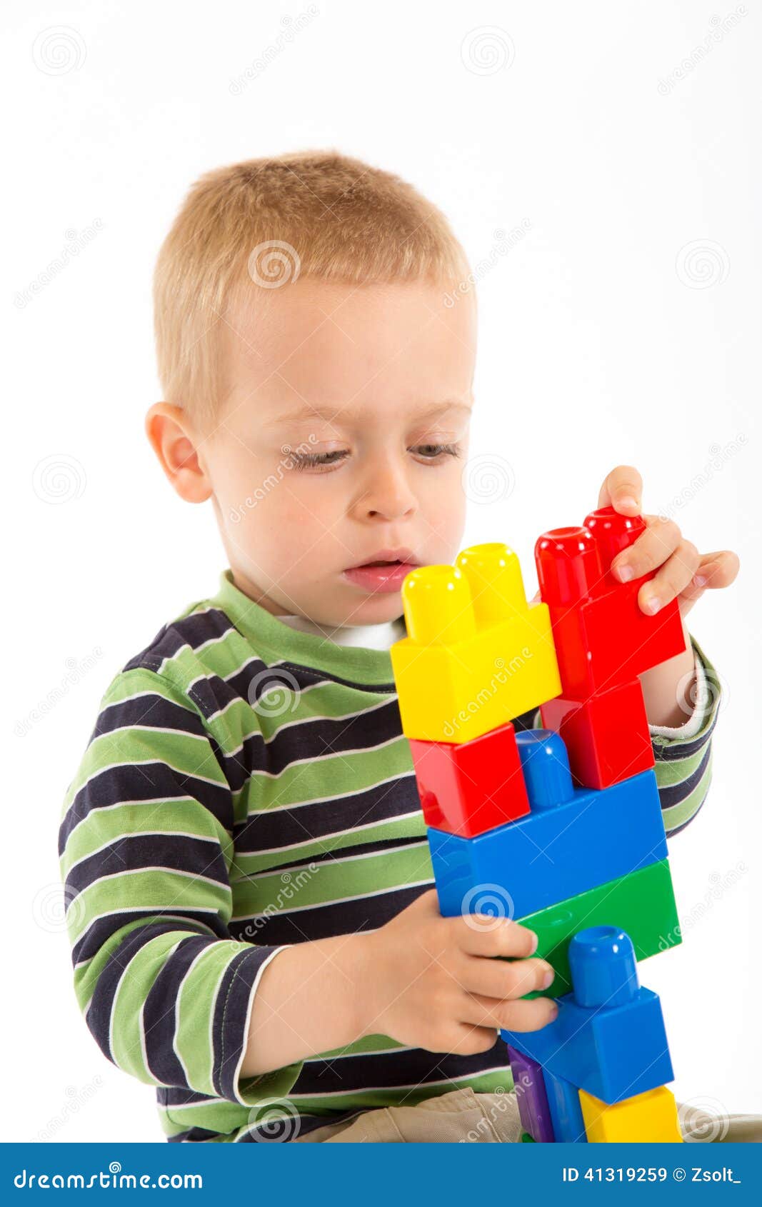 Little Cute Boy Playing with Building Blocks. Isolated on White. Stock ...