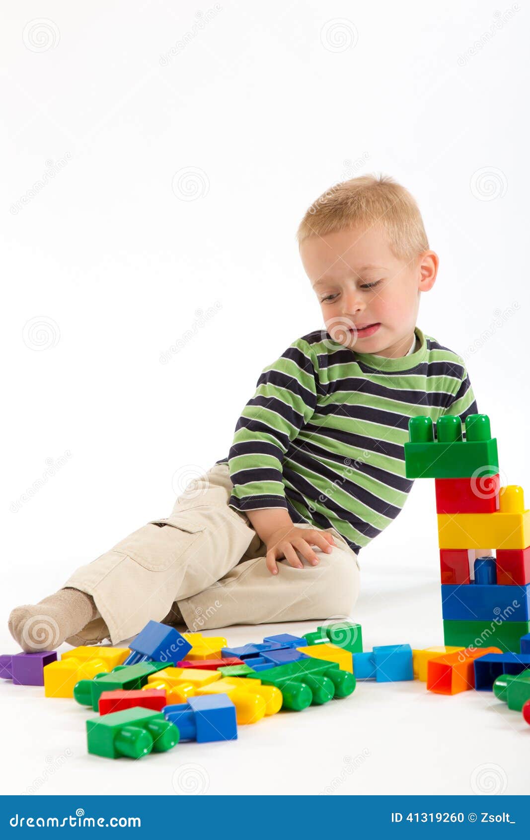 Little Cute Boy Playing with Building Blocks. Isolated on White. Stock ...