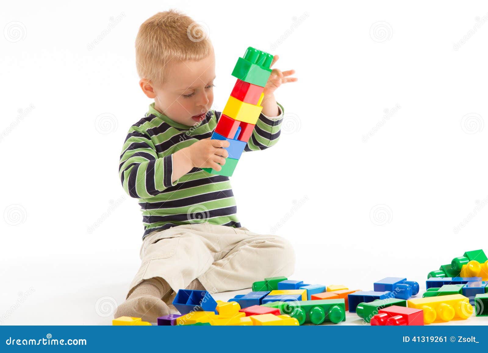 Little Cute Boy Playing with Building Blocks. Isolated on White. Stock ...