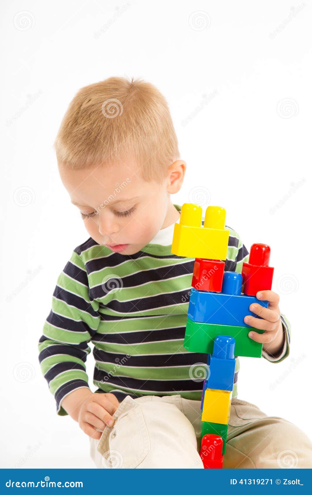 Little Cute Boy Playing with Building Blocks. Isolated on White. Stock ...