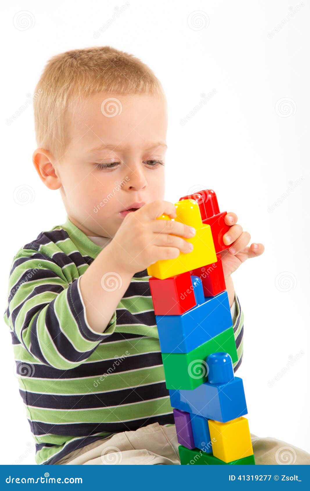 Little Cute Boy Playing with Building Blocks. Isolated on White. Stock ...