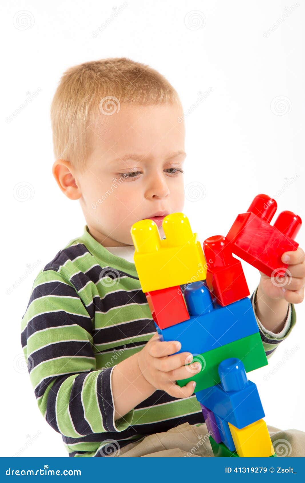 Little Cute Boy Playing with Building Blocks. Isolated on White. Stock ...