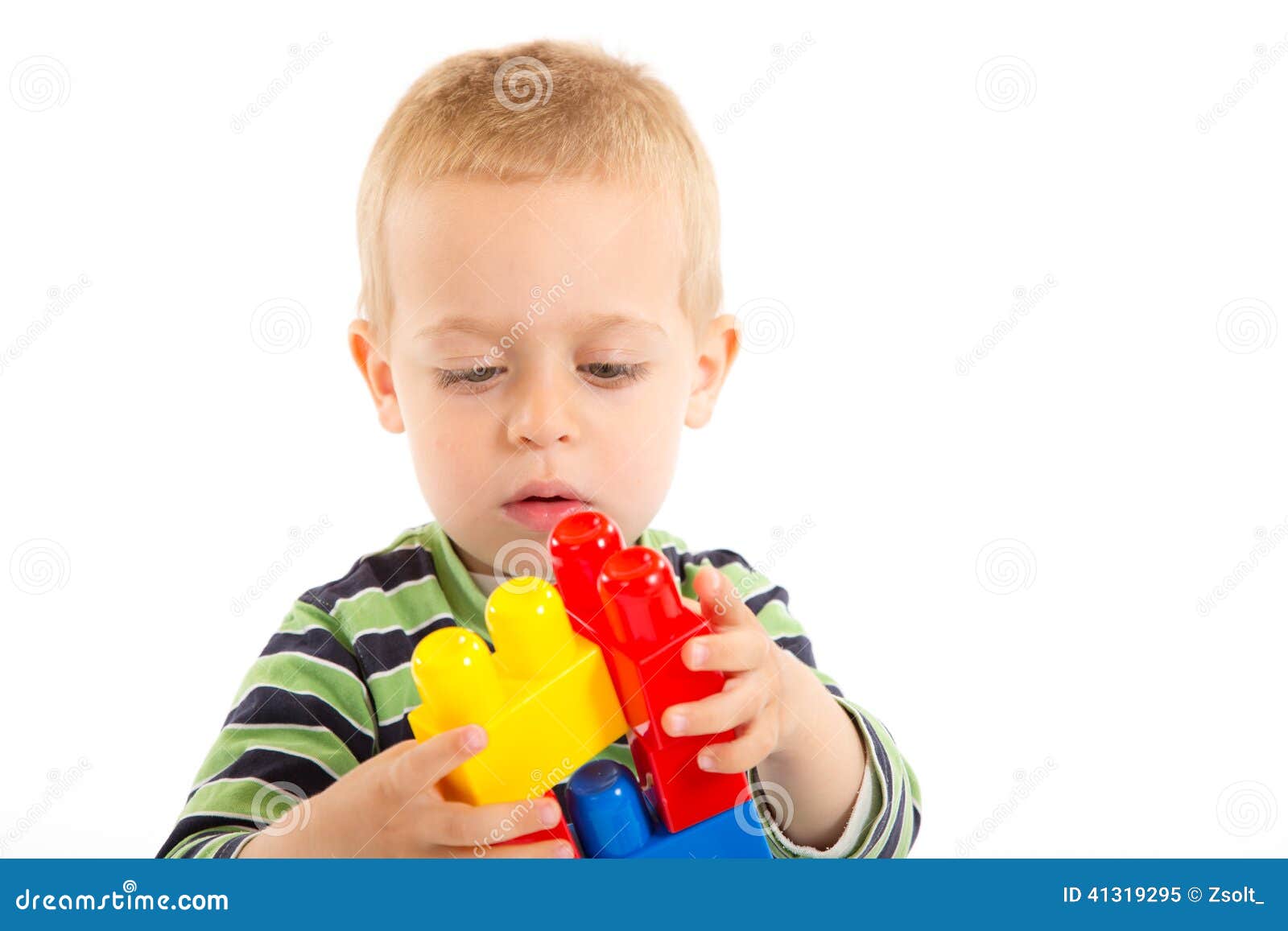 Little Cute Boy Playing with Building Blocks. Isolated on White. Stock ...