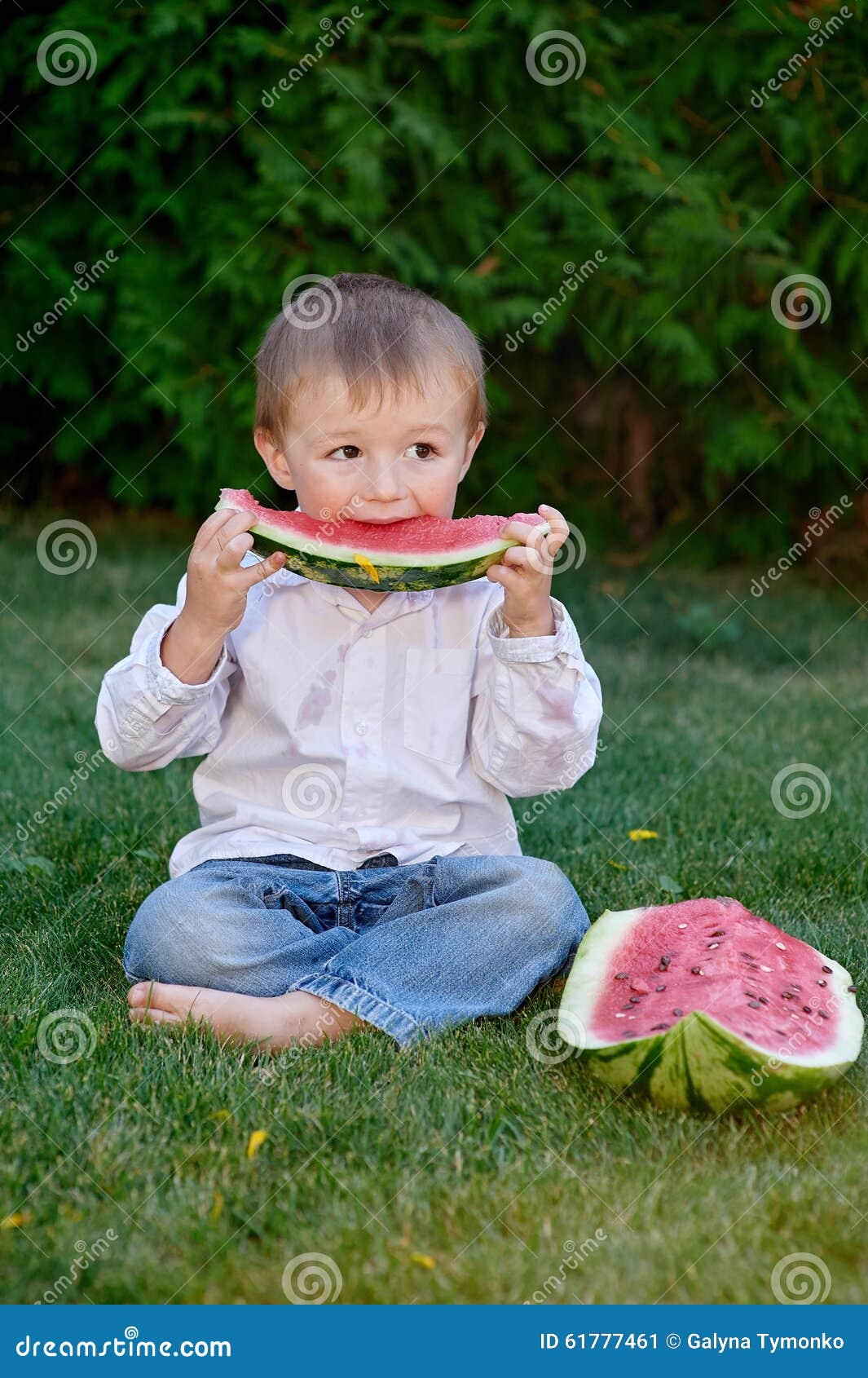 Little Cute Boy Sitting on Grass in Park and Eating a Watermelon Stock ...