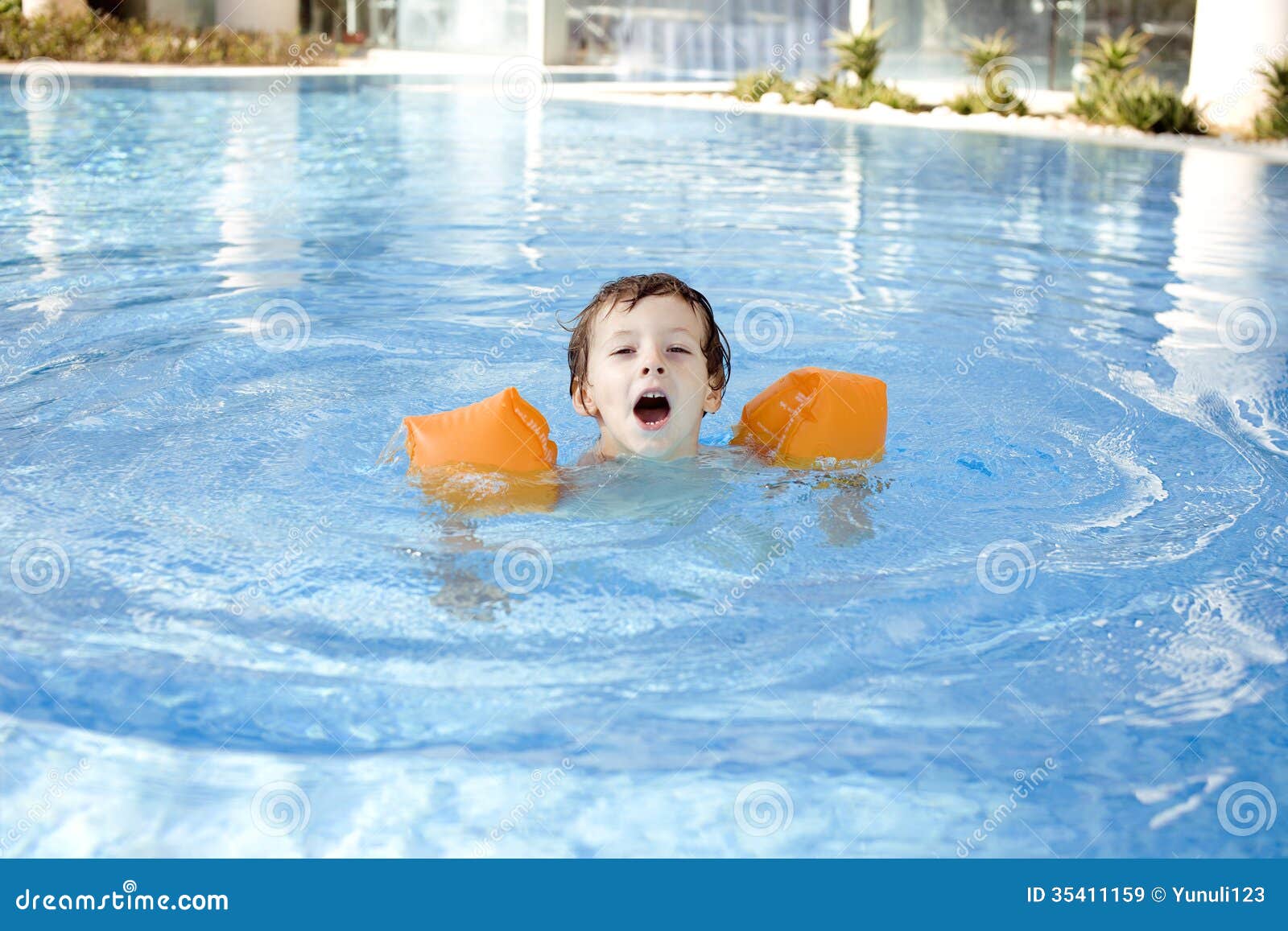 Little Cute Boy in Swimming Pool Stock Image - Image of brightly ...