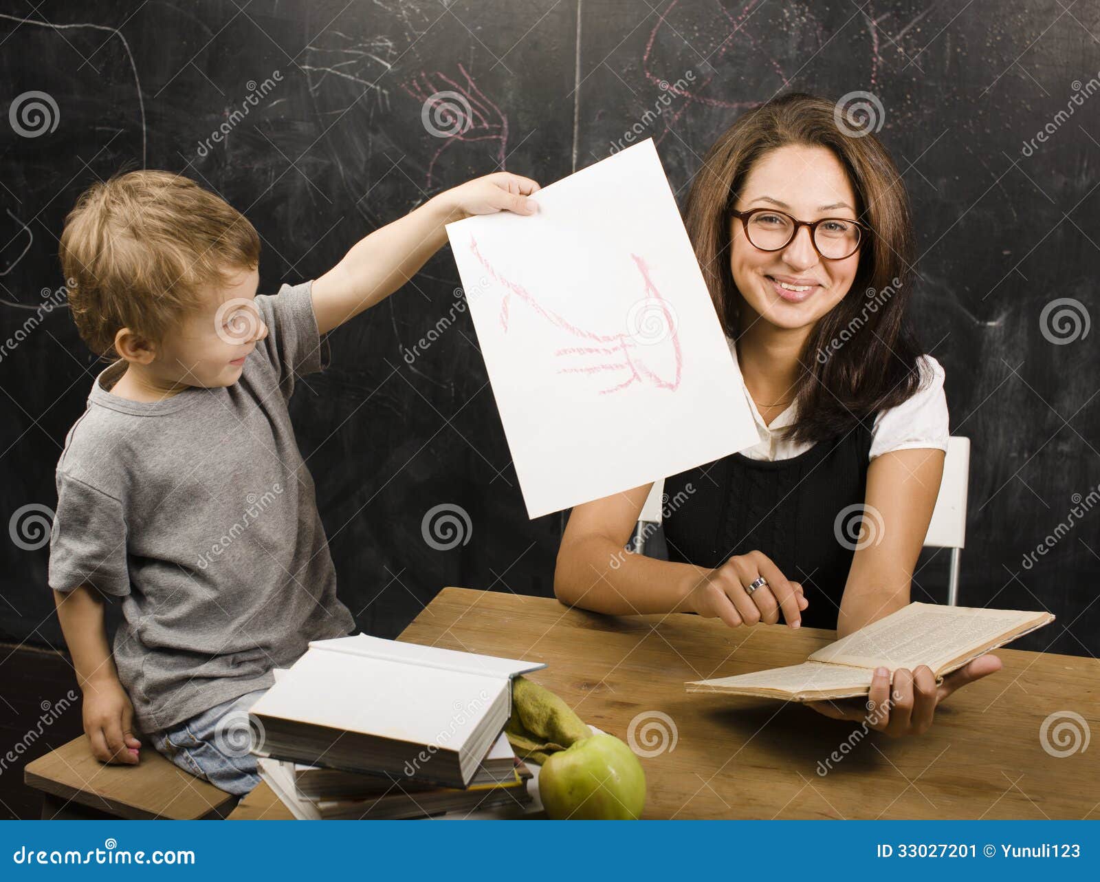 Little Cute Boy with Teacher in Classroom Stock Image - Image of pretty ...