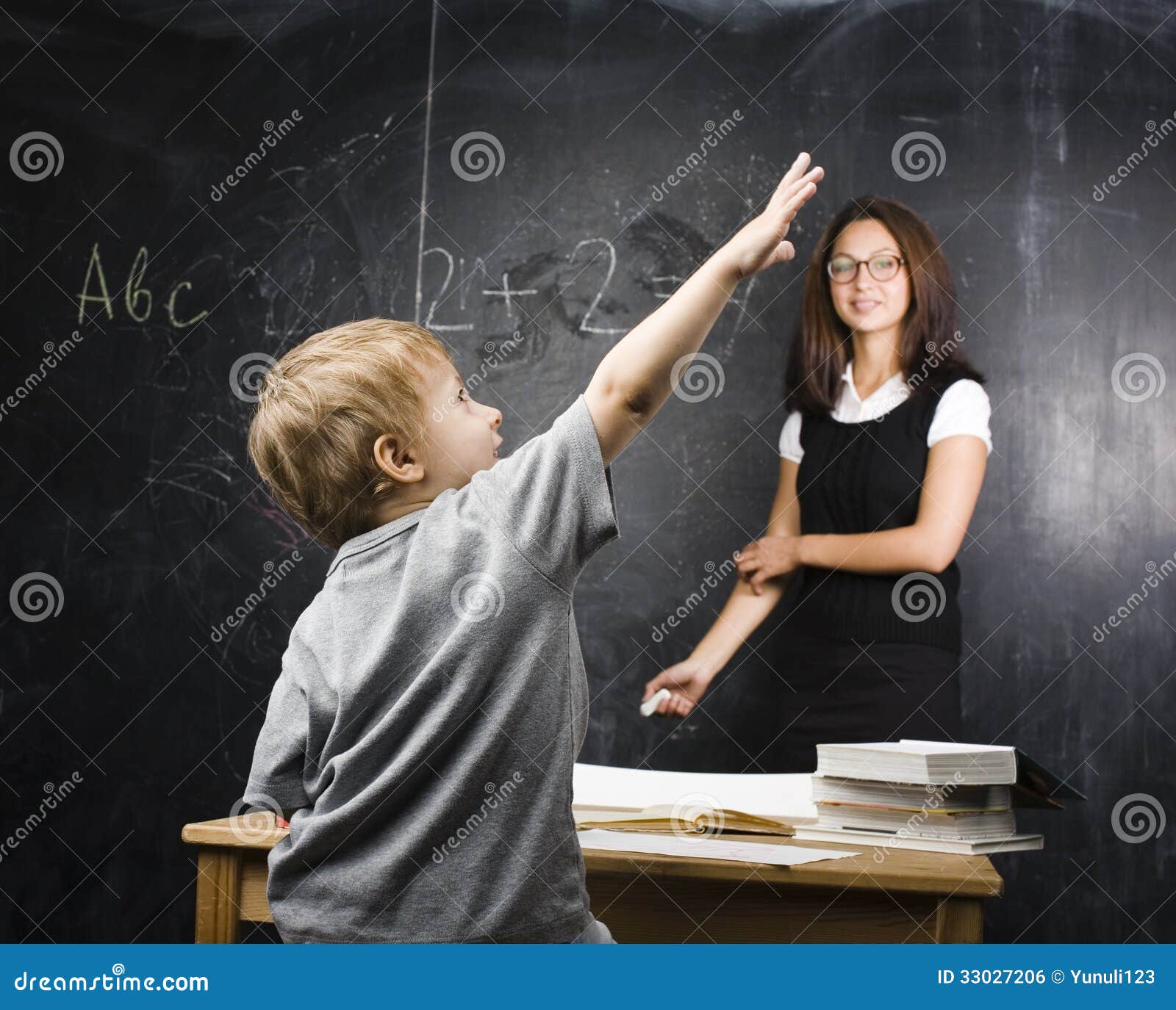 Little Cute Boy with Teacher in Classroom Stock Photo - Image of pretty ...