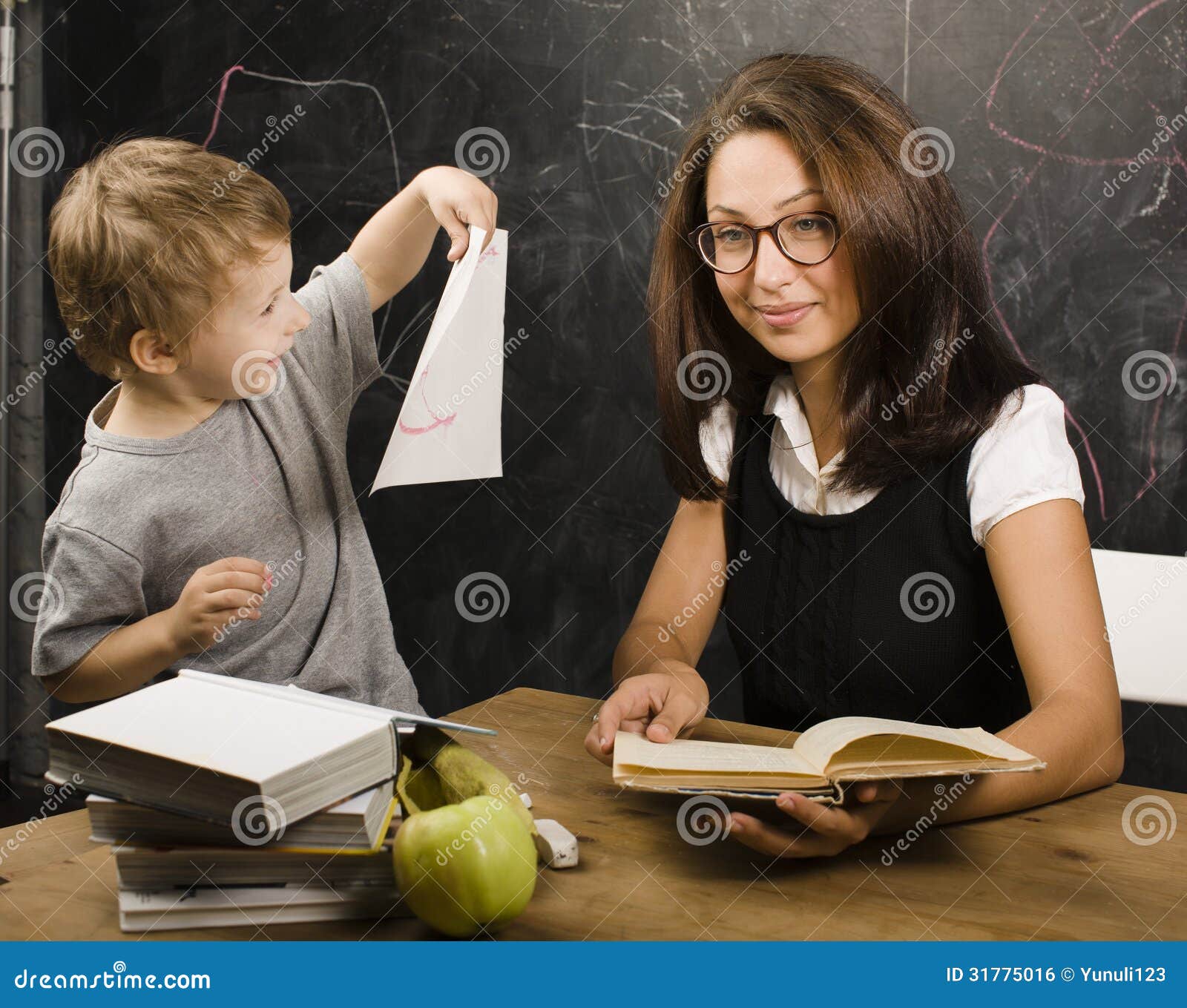 Little Cute Boy with Teacher in Classroom Stock Photo - Image of child ...