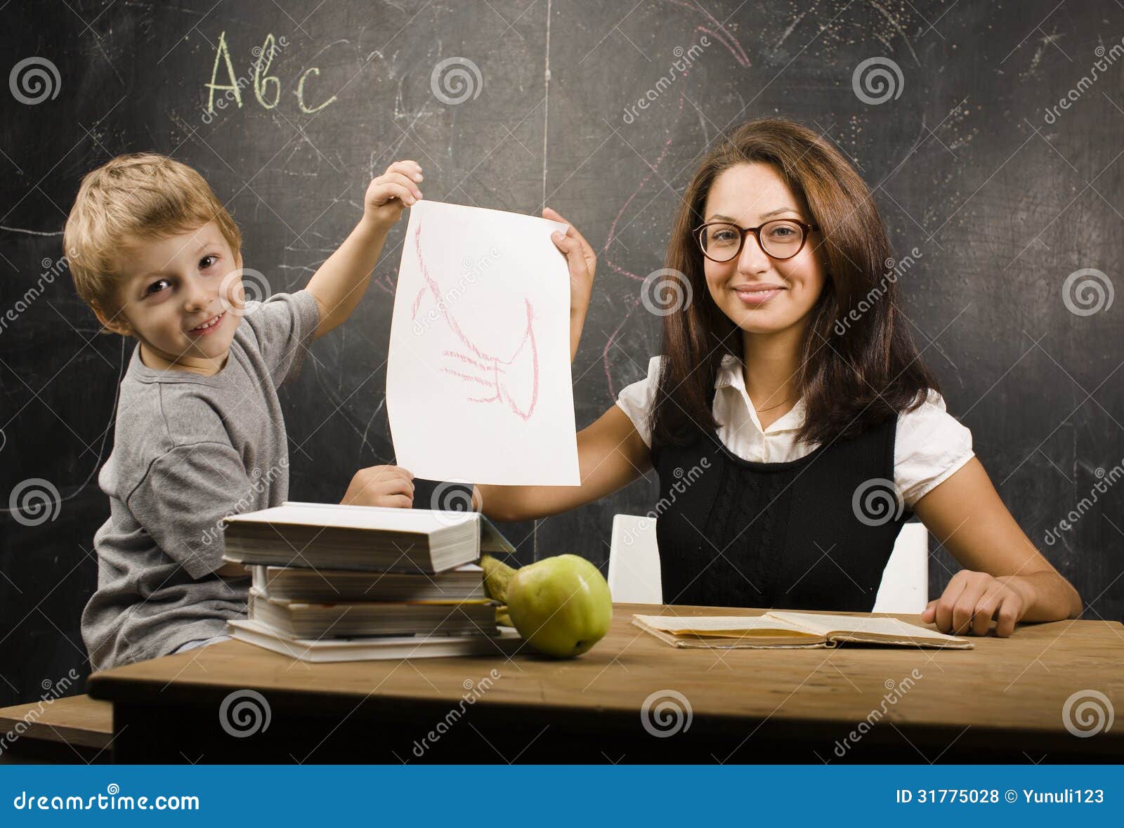 Little Cute Boy with Teacher in Classroom Stock Photo - Image of pupil ...
