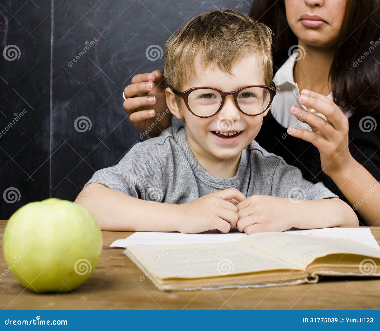 Little Cute Boy with Teacher in Classroom Stock Image - Image of school ...