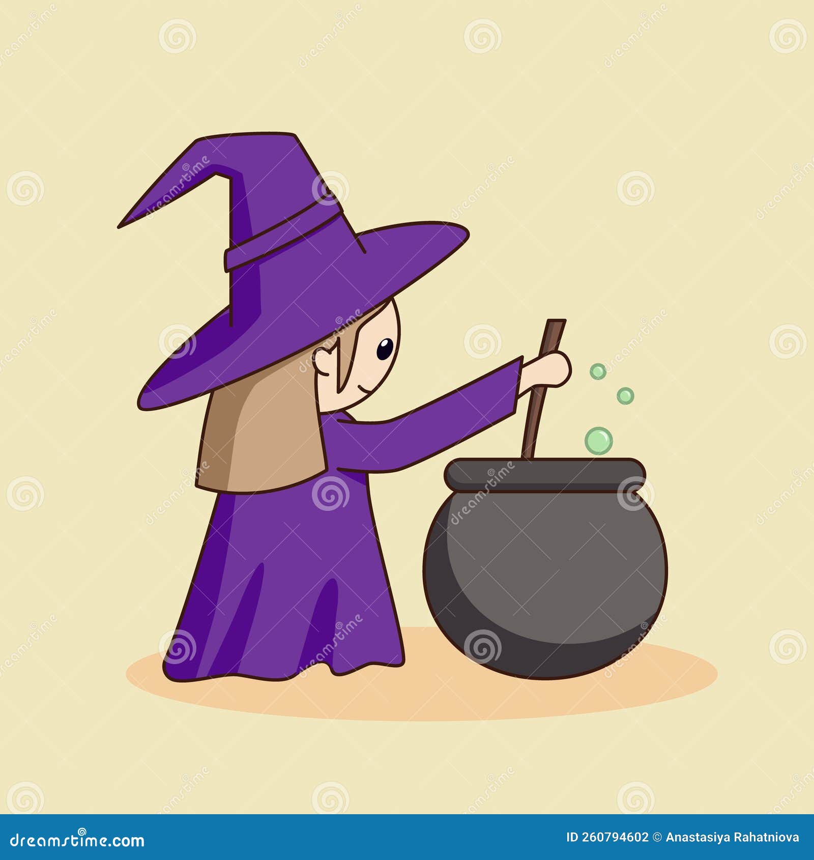 Little Cute Cartoon Witch Brews a Potion in a Cauldron Stock Vector ...