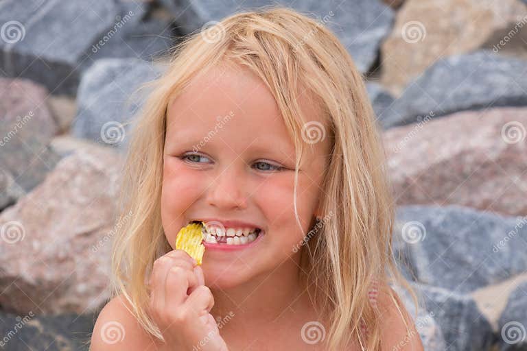 Little Cute Girl Blonde Eats Chips Stock Image Image Of Beauty Healthy 189022219
