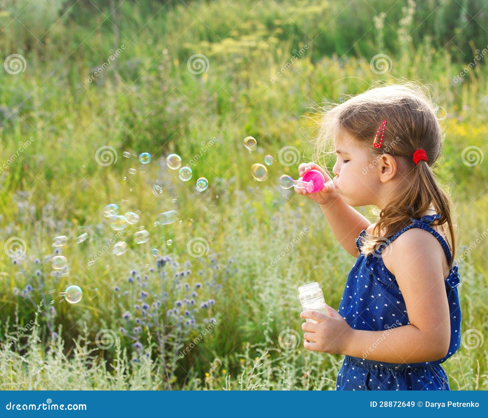 Little Cute Girl Blowing Soap Bubbles Stock Image - Image of cheerful ...