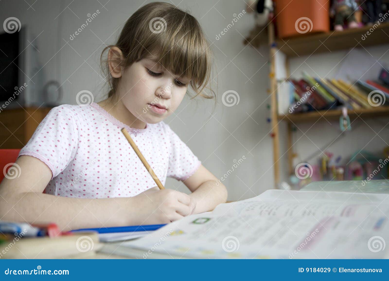 Little Cute Girl Doing Homework. Stock Image - Image of thoughtful ...