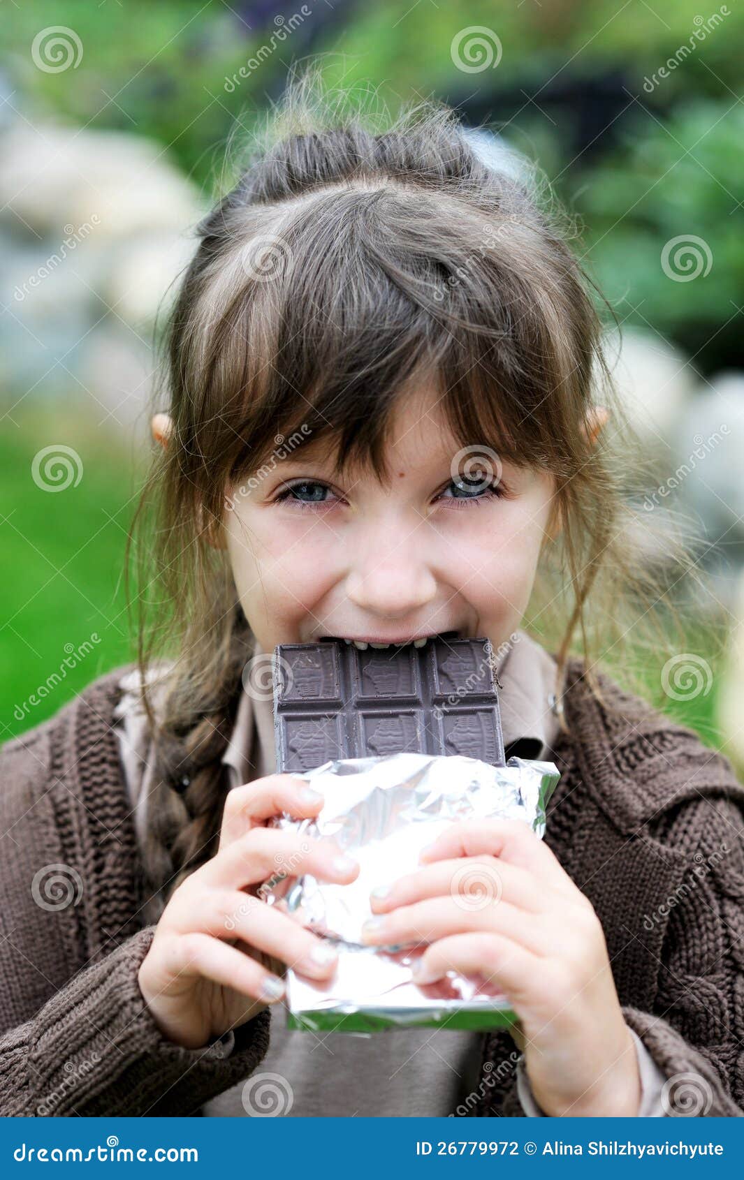 Little Cute Girl Eating Chocolate Stock Photo - Image of outdoors, food ...