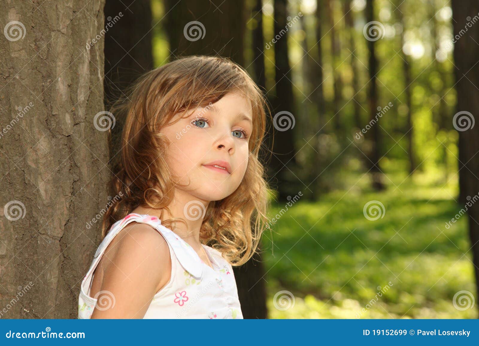 Little Cute Girl Leaning Against Tree Stock Image - Image of caucasian ...