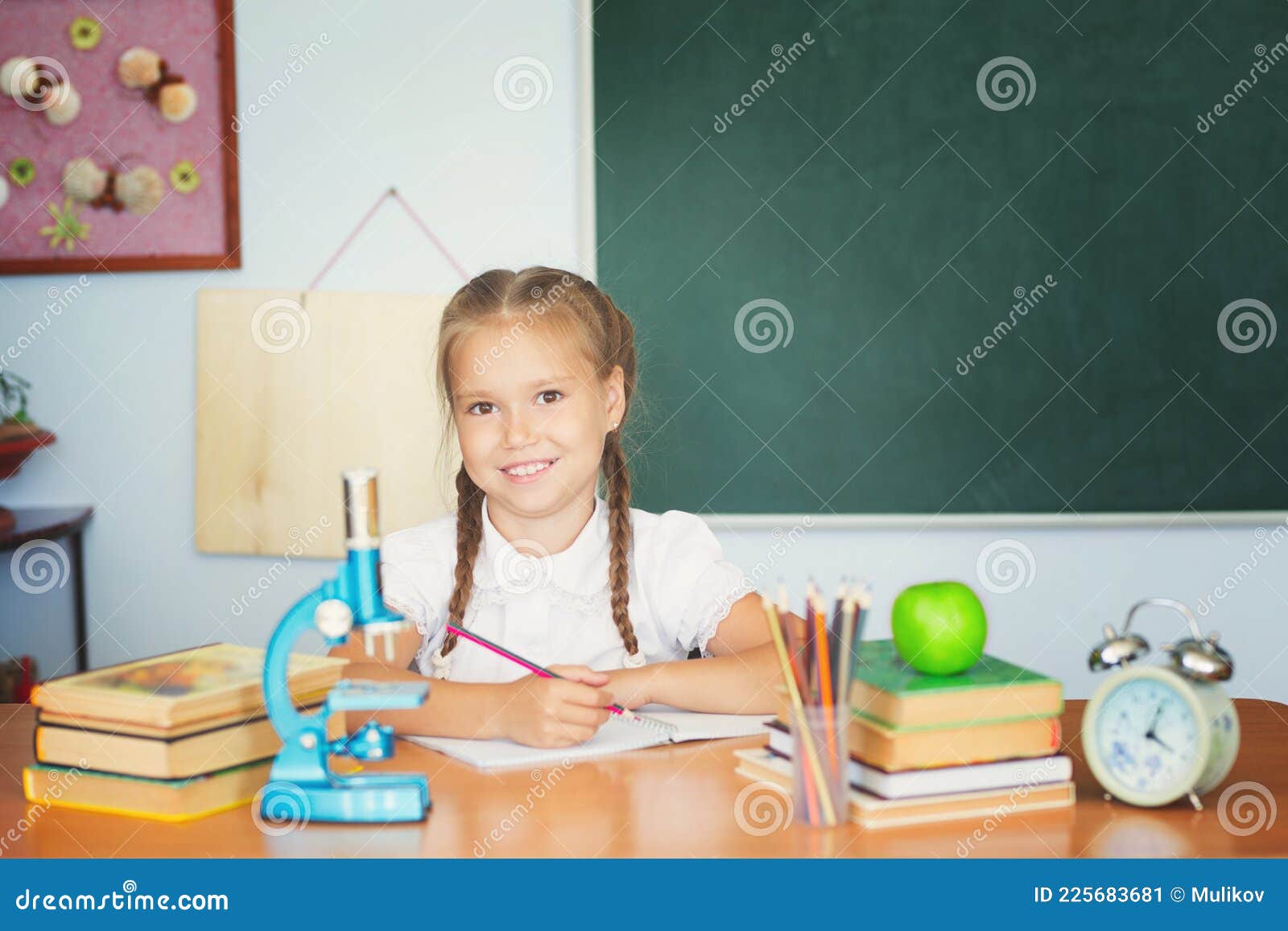 Little Cute Girl Study with Microscope in Classroom Stock Image - Image ...