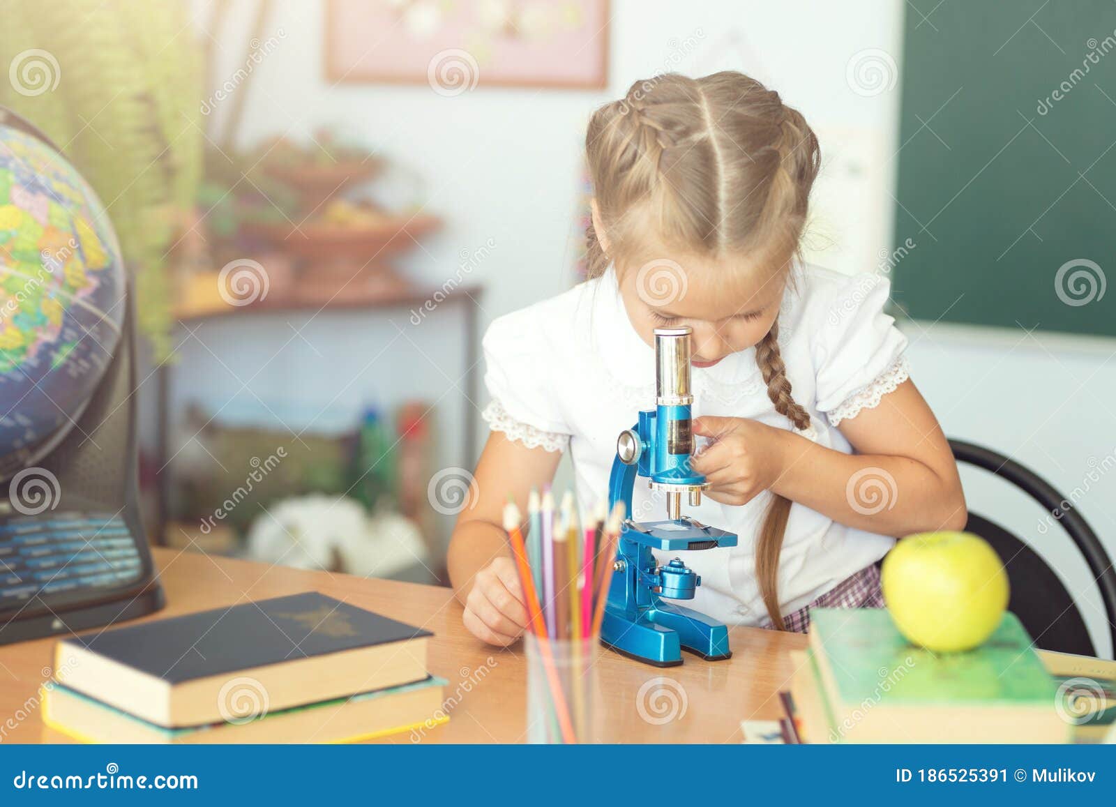 Little Cute Girl Study with Microscope in Classroom Stock Image - Image ...