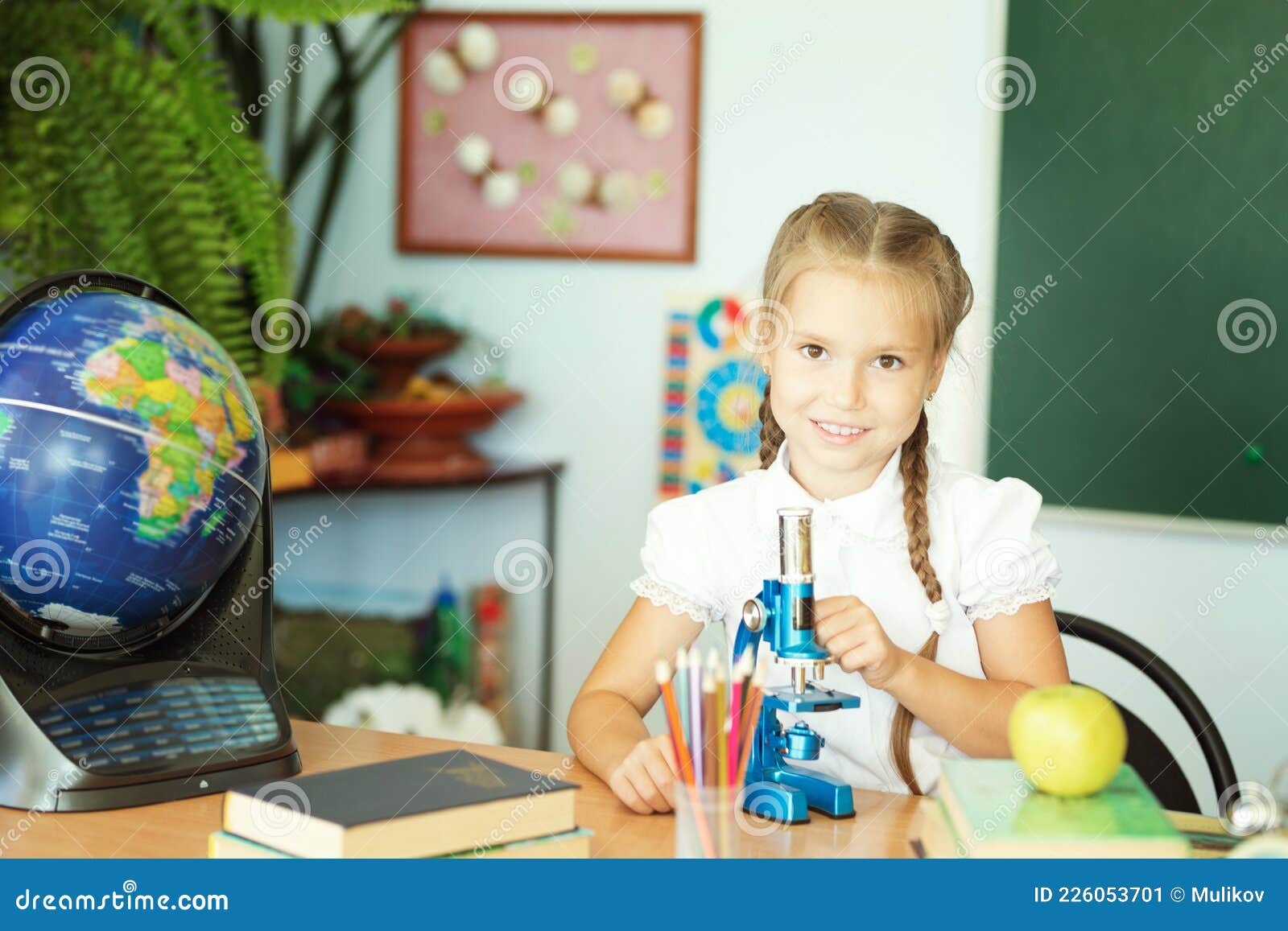 Little Cute Girl Study with Microscope in Classroom Stock Image - Image ...