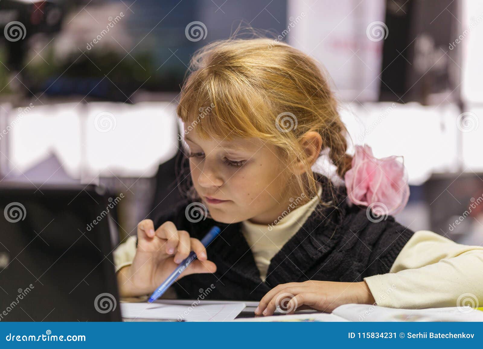 Little cute girl studying stock image. Image of back - 115834231