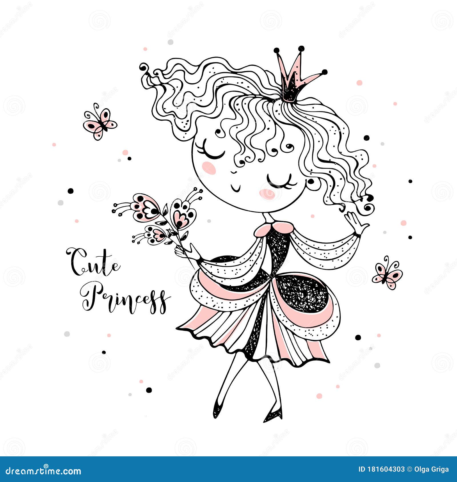 Little Cute Princess with a Bouquet of Flowers. Vector Stock ...