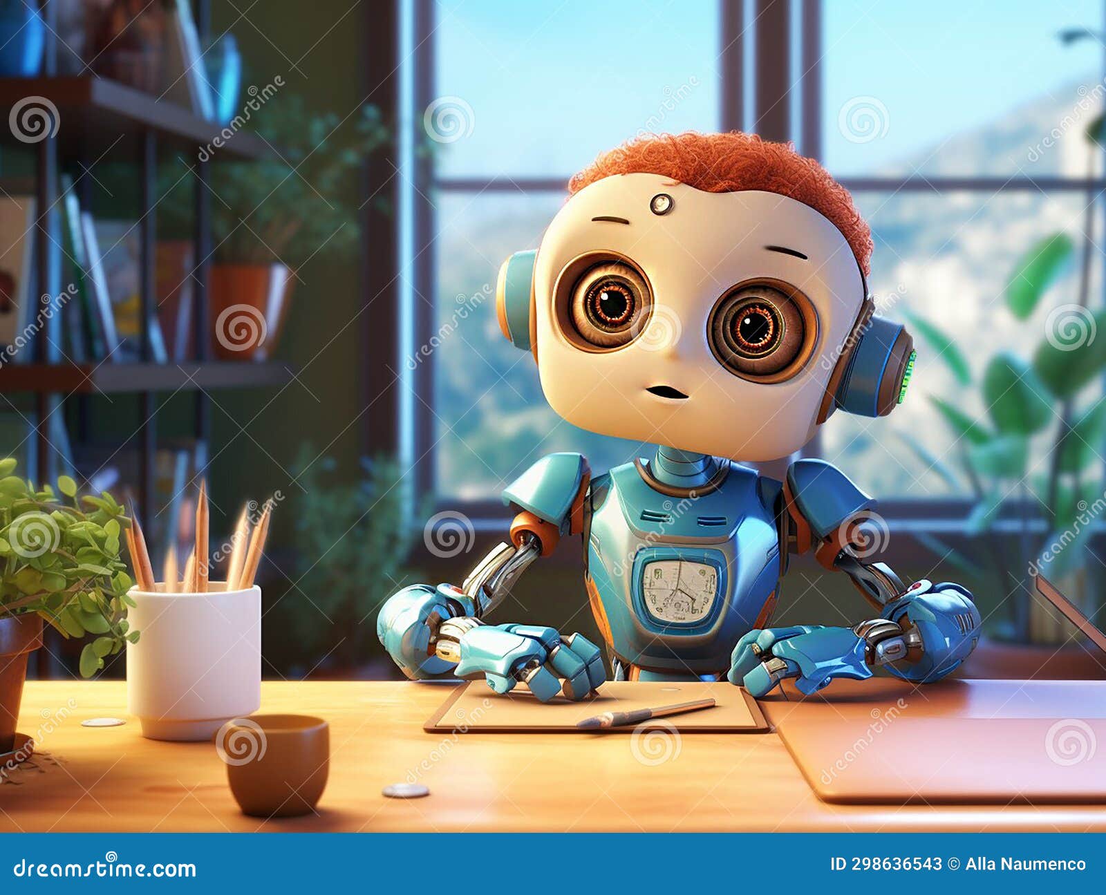 Little Cute Robot Does School Homework Sitting in Front of Table Stock ...
