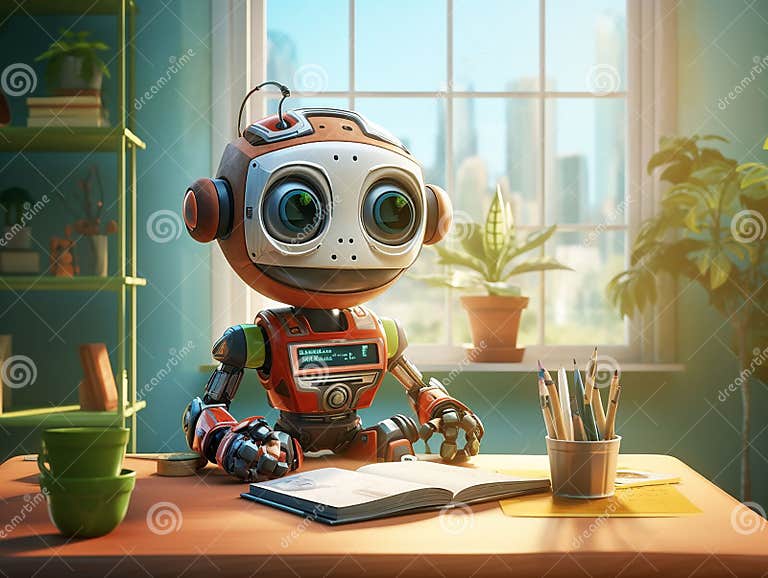 Little Cute Robot Does School Homework Sitting in Front of Table Stock ...