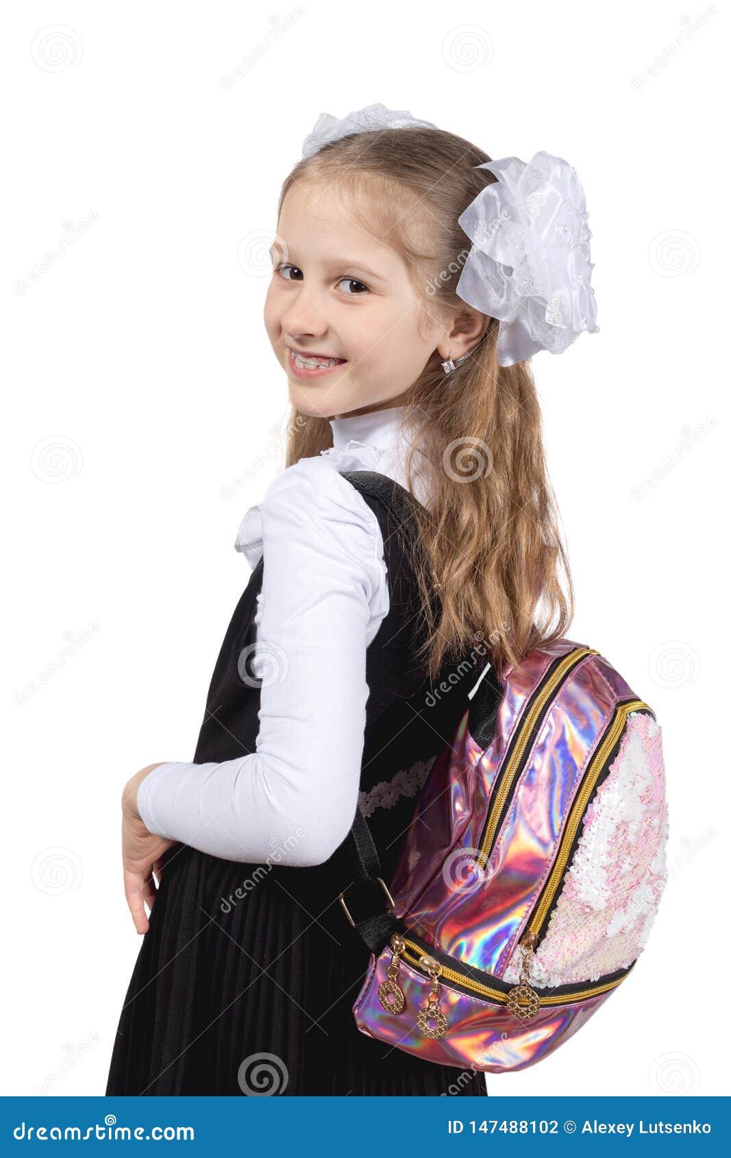 Little Cute Schoolgirl Posing on a White Background Stock Photo - Image ...