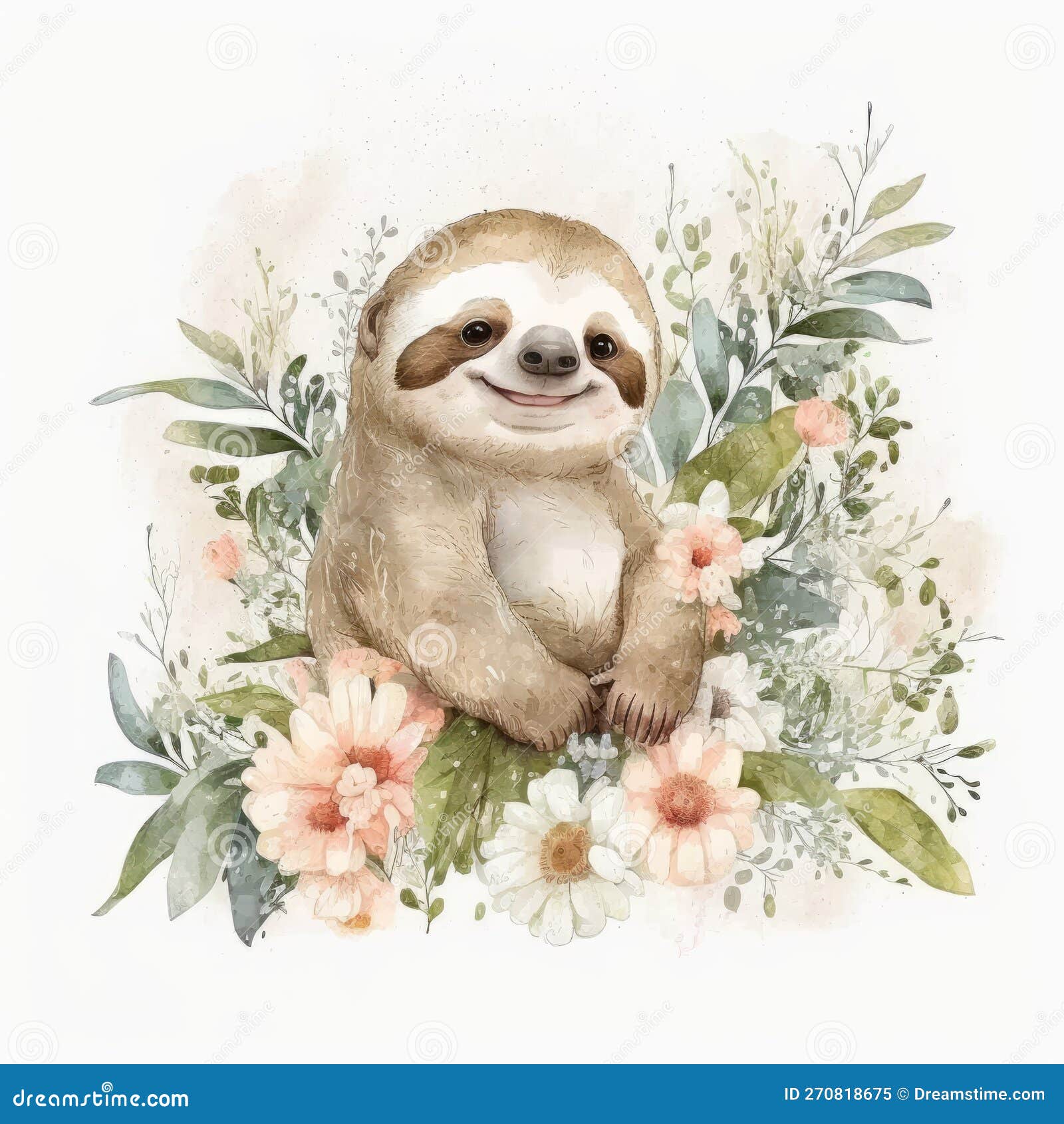 Little Cute Sloth Surrounded with Flowers on White Background ...
