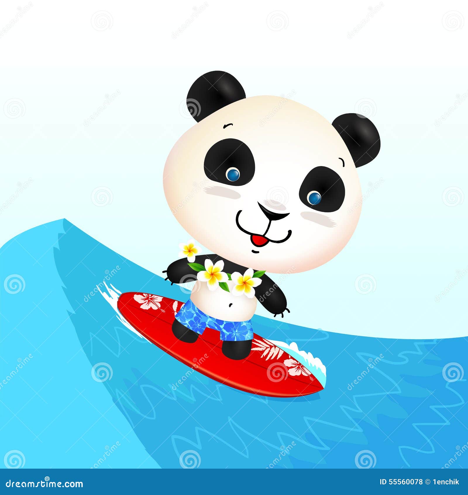 Little Cute Surfing Panda On Blue Wave Stock Vector - Image: 55560078