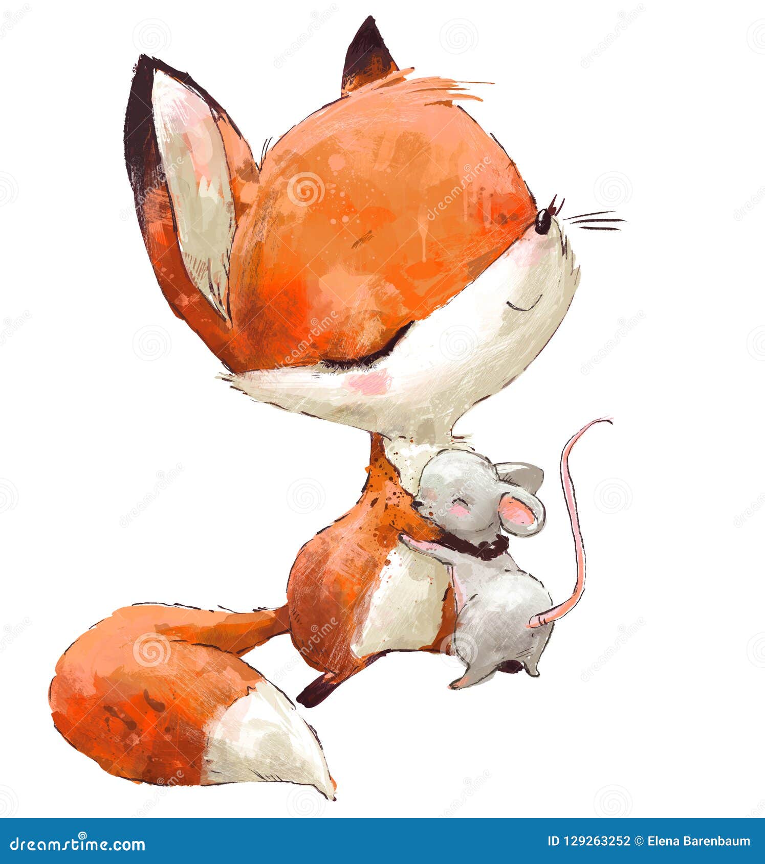Little Cute Watercolor Fox with Mouse Stock Illustration - Illustration ...