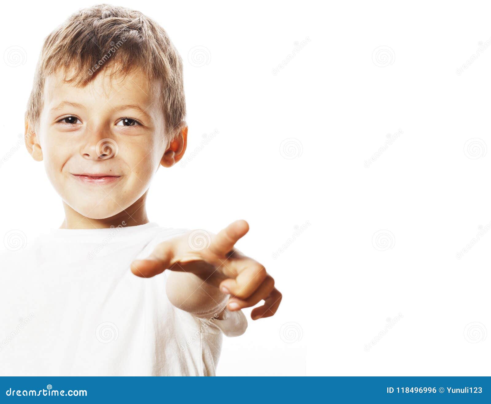 Little Cute Boy Pointing in Studio Isolated Close Up Stock Photo ...
